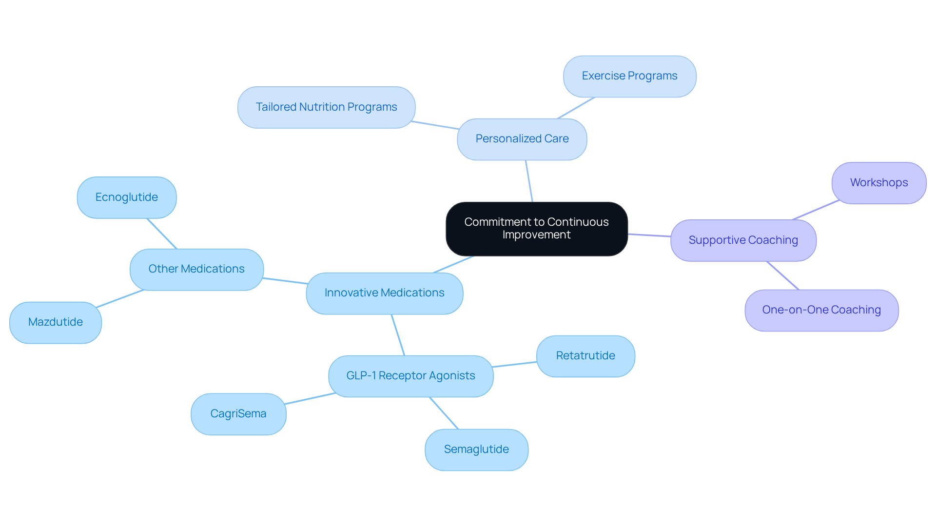 This mindmap illustrates our commitment to helping you achieve your ideal body. Start at the center with our dedication to improvement, then explore how each branch represents different aspects of our support system, from medications to personalized care.