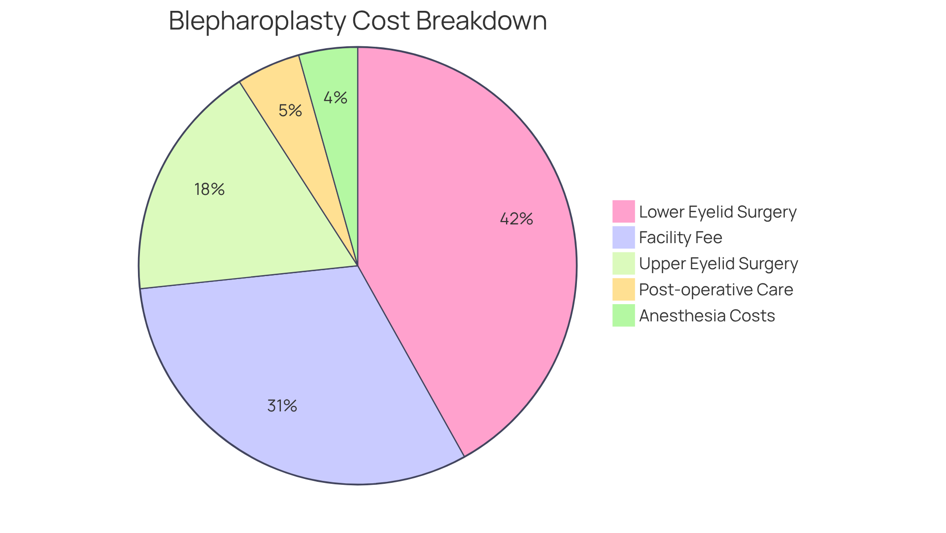Each slice of the pie chart represents a different cost associated with blepharoplasty. The larger the slice, the more significant that cost is in relation to the total expenses. This helps you see where your money goes when considering eyelid surgery. Each slice of the pie chart represents a different cost associated with blepharoplasty. The larger the slice, the more significant that cost is in relation to the total expenses. This helps you see where your money goes when considering eyelid surgery.