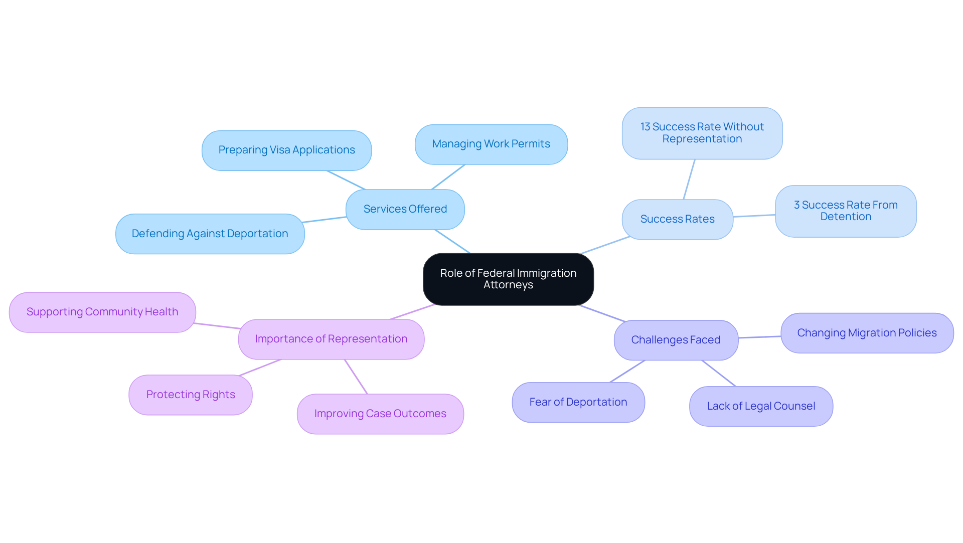 The central node represents the main topic, while the branches show the various aspects of how federal immigration attorneys support immigrant medical professionals. Each branch highlights important services, statistics, and challenges, helping you see the full picture of their role.