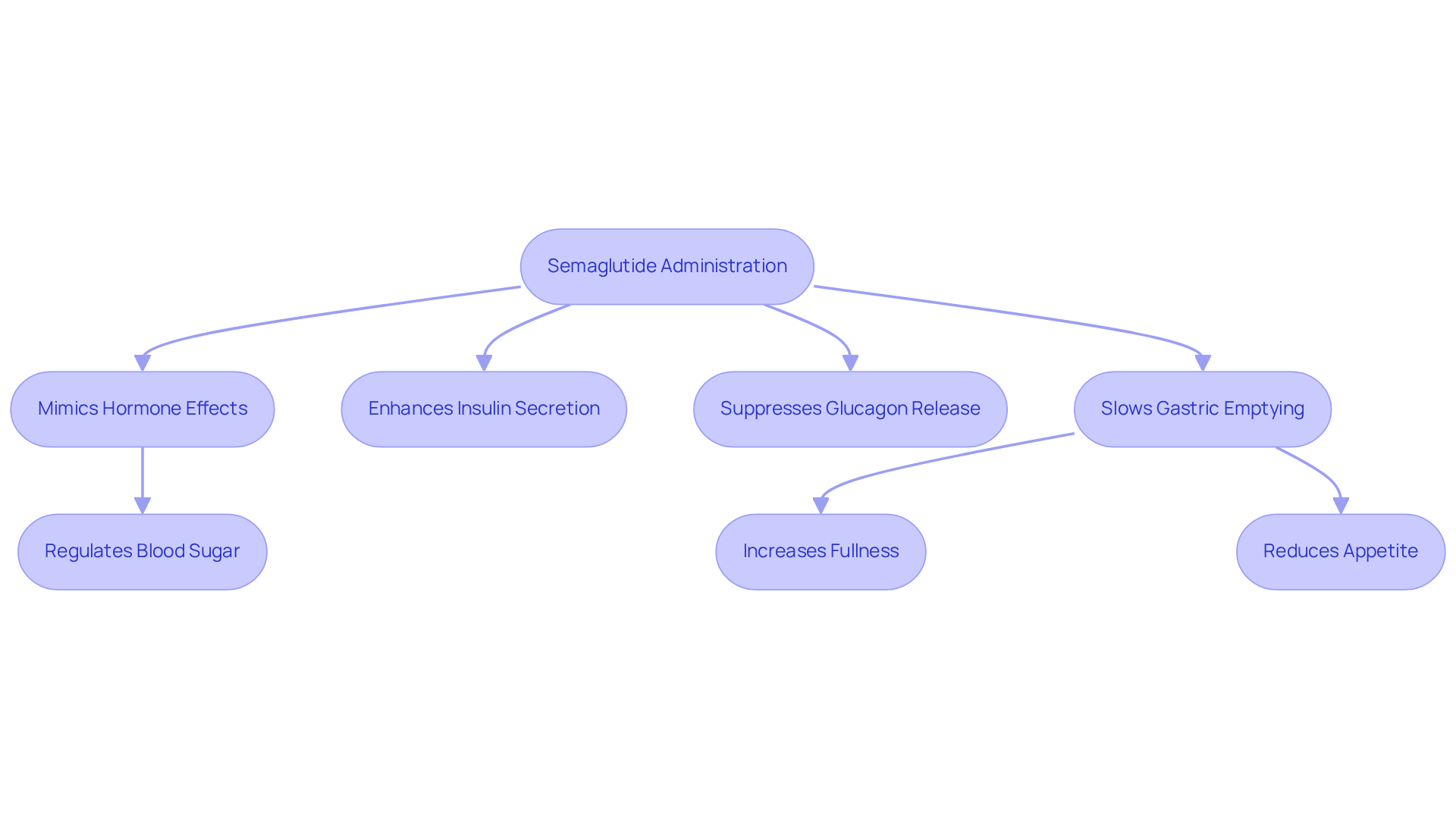 This flowchart illustrates how semaglutide works in the body. Start at the top with the medication's administration, then follow the arrows to see how it mimics hormones, affects insulin and glucagon, and helps control appetite. Each step shows how these actions contribute to weight management and improved health.