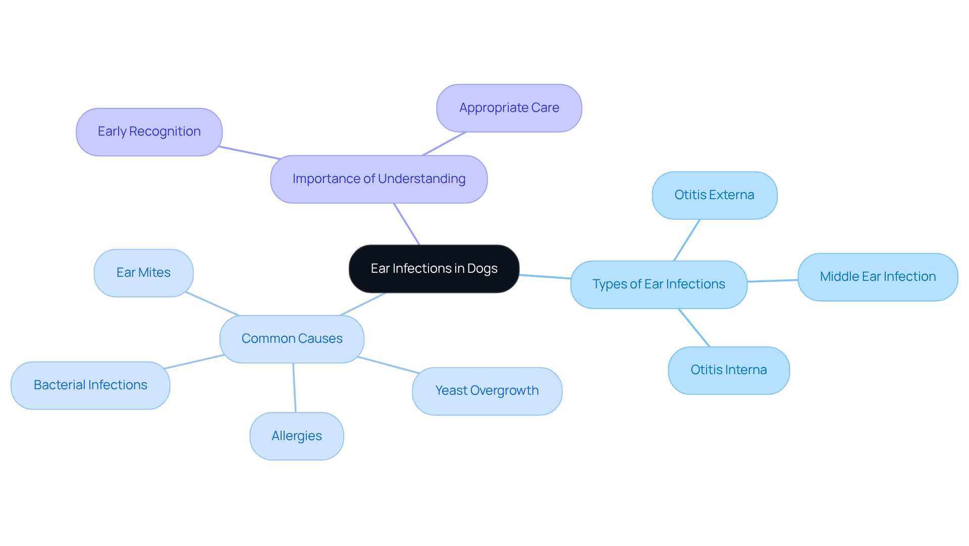 The central node represents the main topic, with branches showing the different types of ear infections, their causes, and why understanding them is important. Each color-coded branch guides you through the essential aspects of ear health for dogs.
