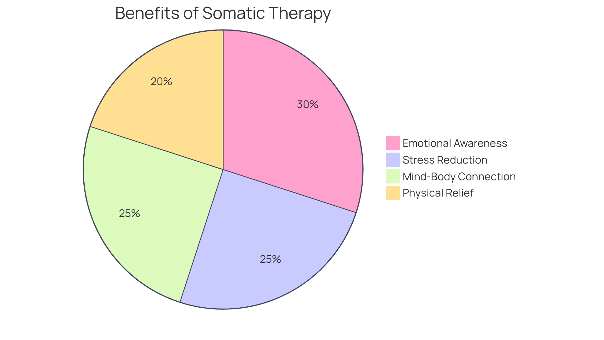 Each slice of the pie represents a key benefit of somatic therapy. The larger the slice, the more significant that benefit is in the context of healing and emotional regulation.