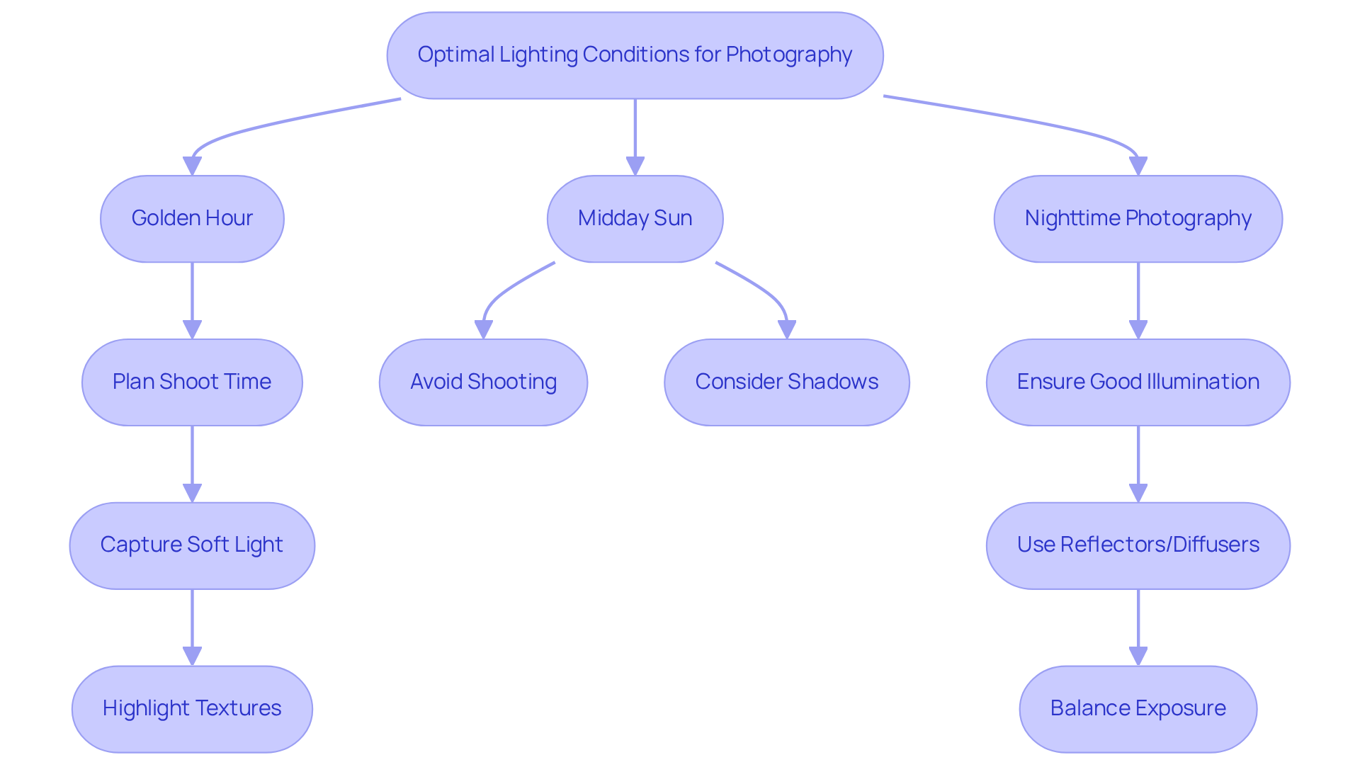 Follow the arrows to see the best practices for capturing stunning photos at different times of day. Each path shows what to do and what to avoid for the best results.
