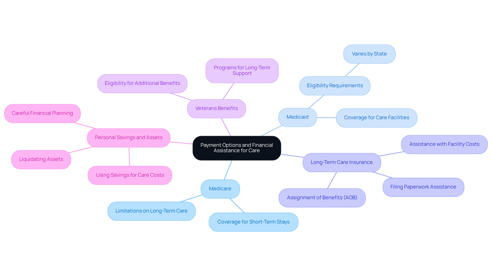 The central node represents the main topic of financial assistance. Each branch leads to a different payment option, showing how each one helps with nursing home costs. Sub-branches provide more insights into what each option entails.
