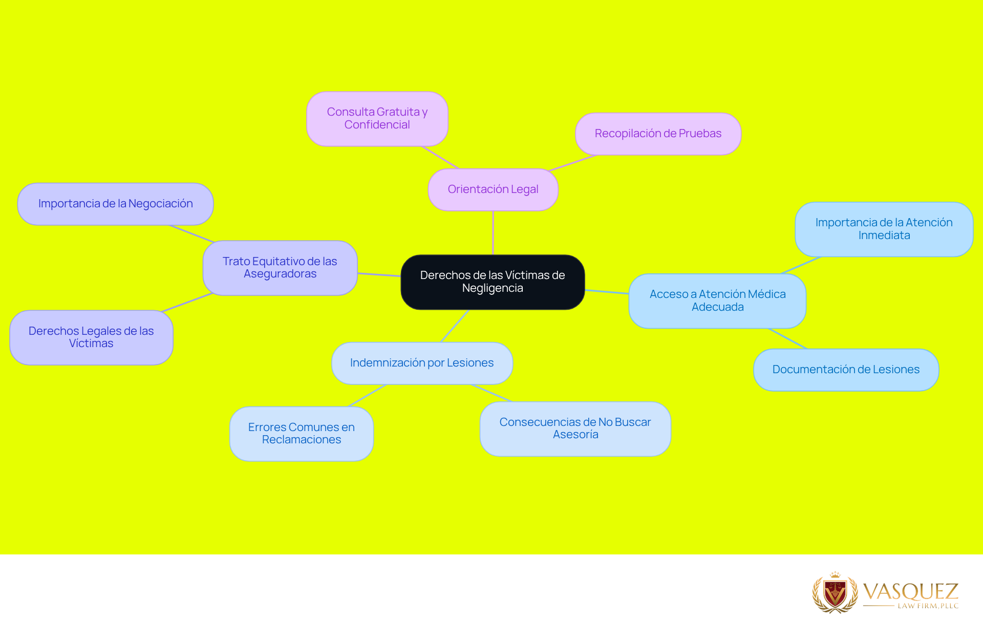 En el centro están los derechos fundamentales, y las ramas muestran diferentes aspectos y recomendaciones sobre cómo proteger esos derechos. Cada color representa un derecho diferente, haciendo que sea fácil distinguirlos.