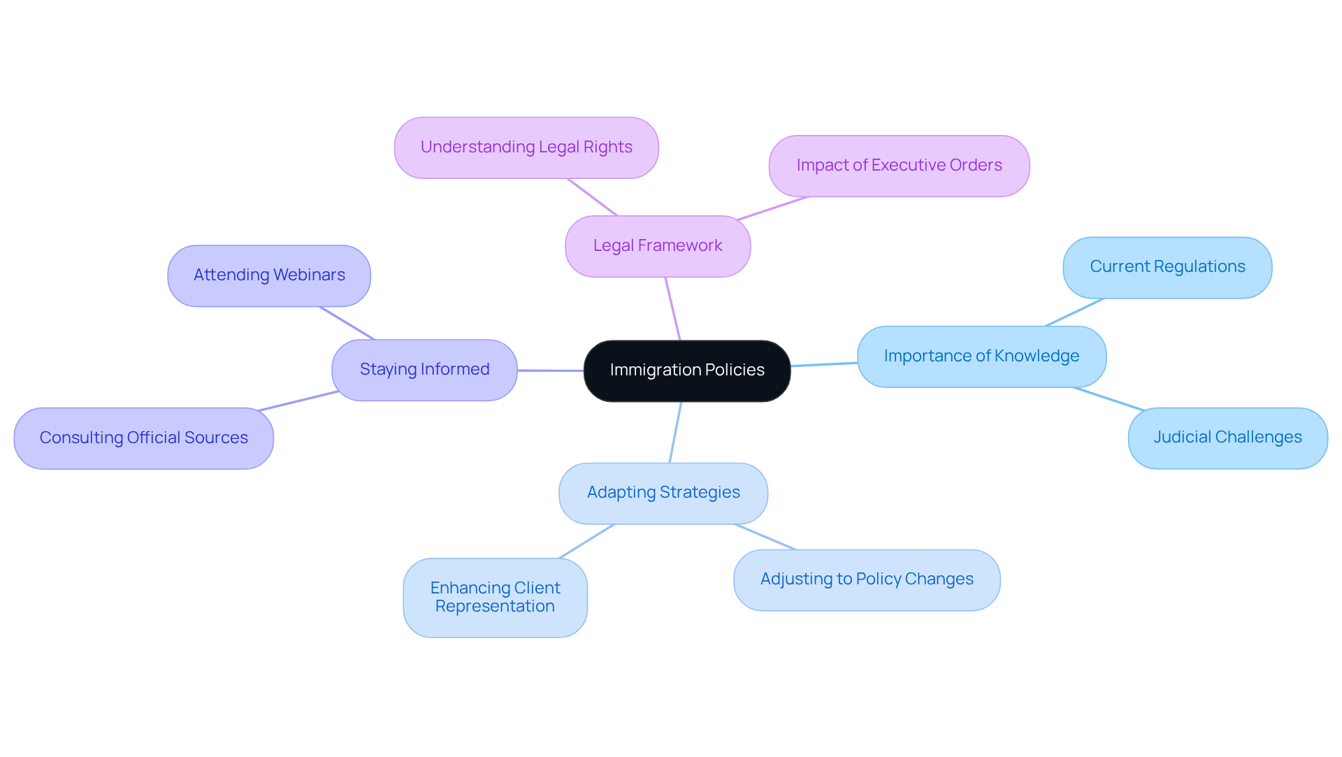 The center represents the main topic of immigration policies, while the branches show the key areas that immigration advisors need to focus on. Each sub-branch provides more detail on how advisors can effectively navigate these policies.