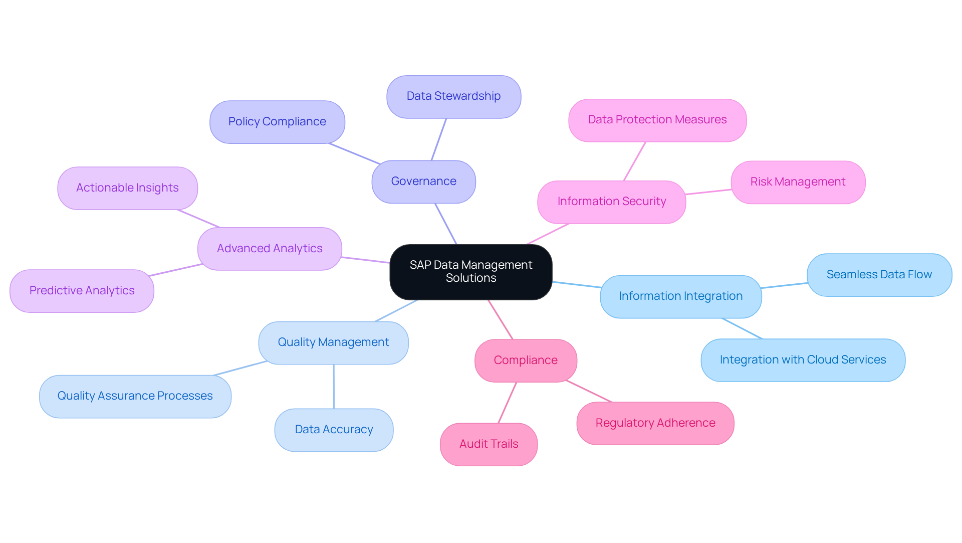 The central node represents SAP's data management solutions, while the branches illustrate the key areas that contribute to effective data handling in enterprises. Each color-coded branch highlights a specific focus area, making it easy to understand how they all connect.