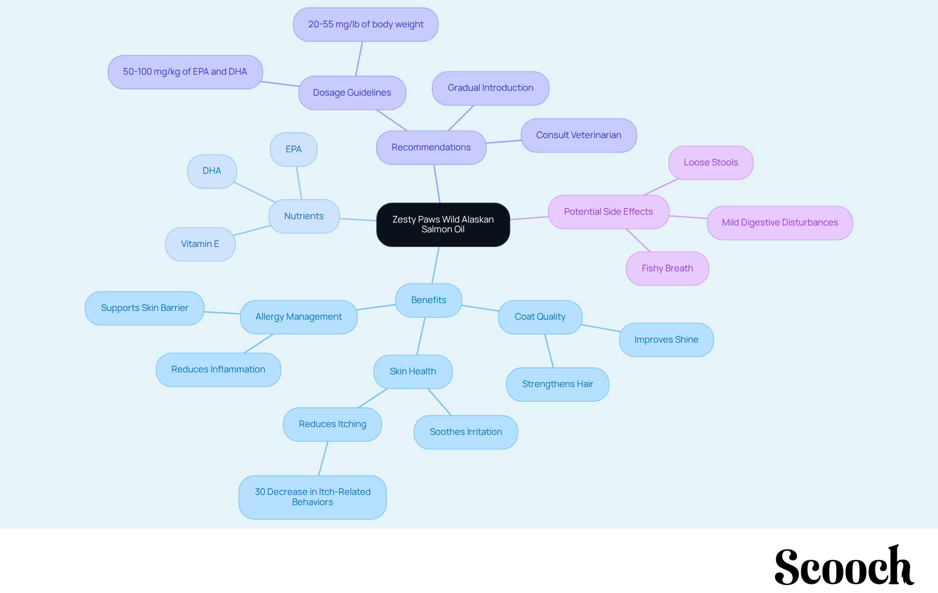 The center represents the product, and the branches show its benefits, key nutrients, and recommendations. Each color-coded branch helps you quickly identify related information.