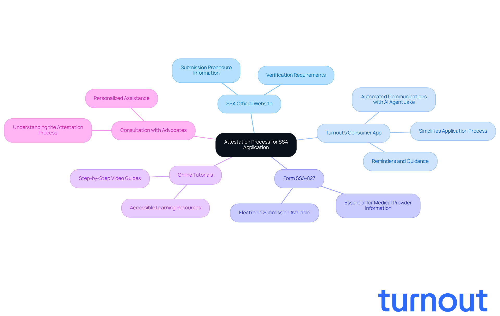 The central node represents the attestation process, while each branch shows a resource that can help you. Explore each branch to see how these tools can guide you through your SSA application journey.