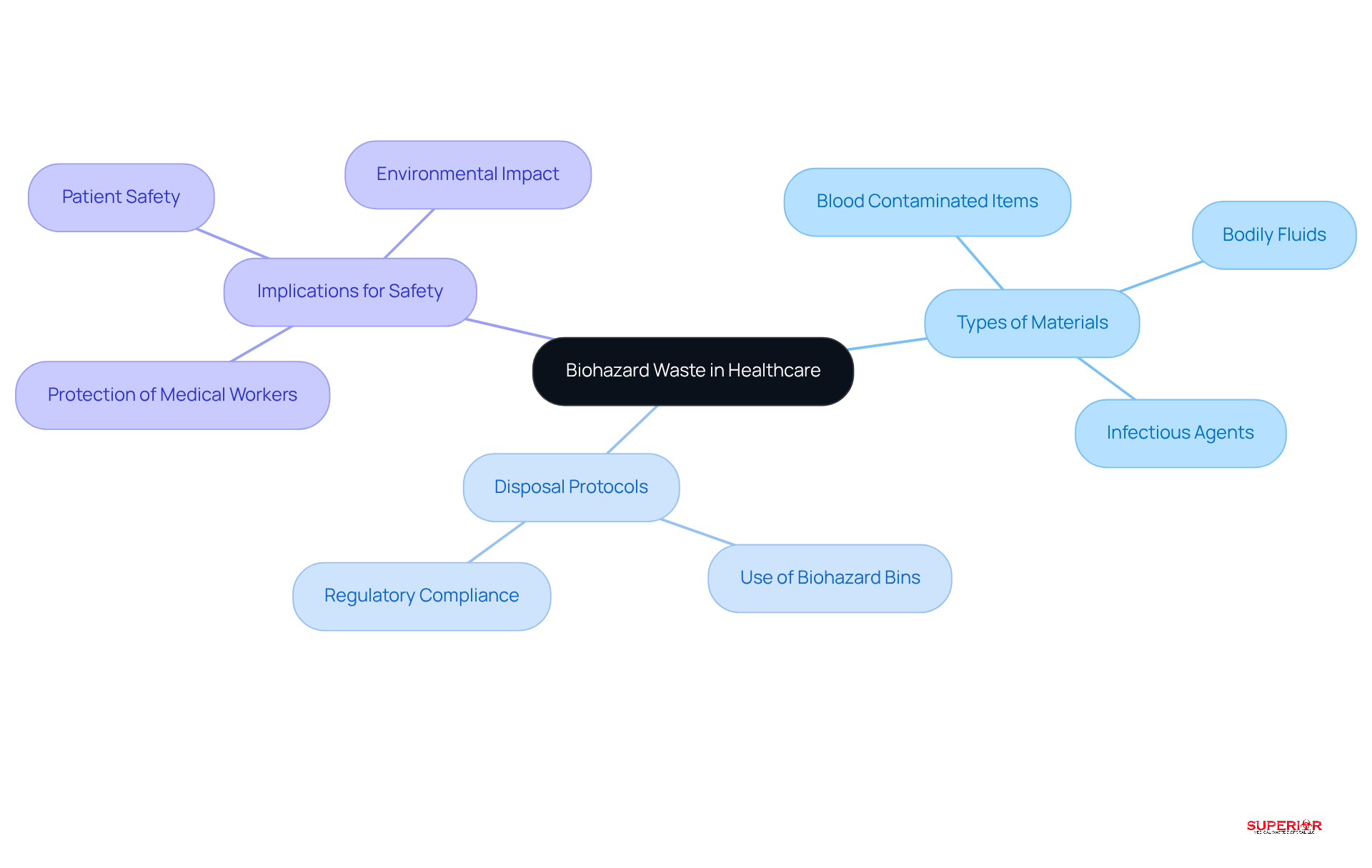The central node represents biohazard waste, with branches showing different aspects like types of materials and safety implications. Each branch helps you see how these elements connect and why they matter in healthcare.