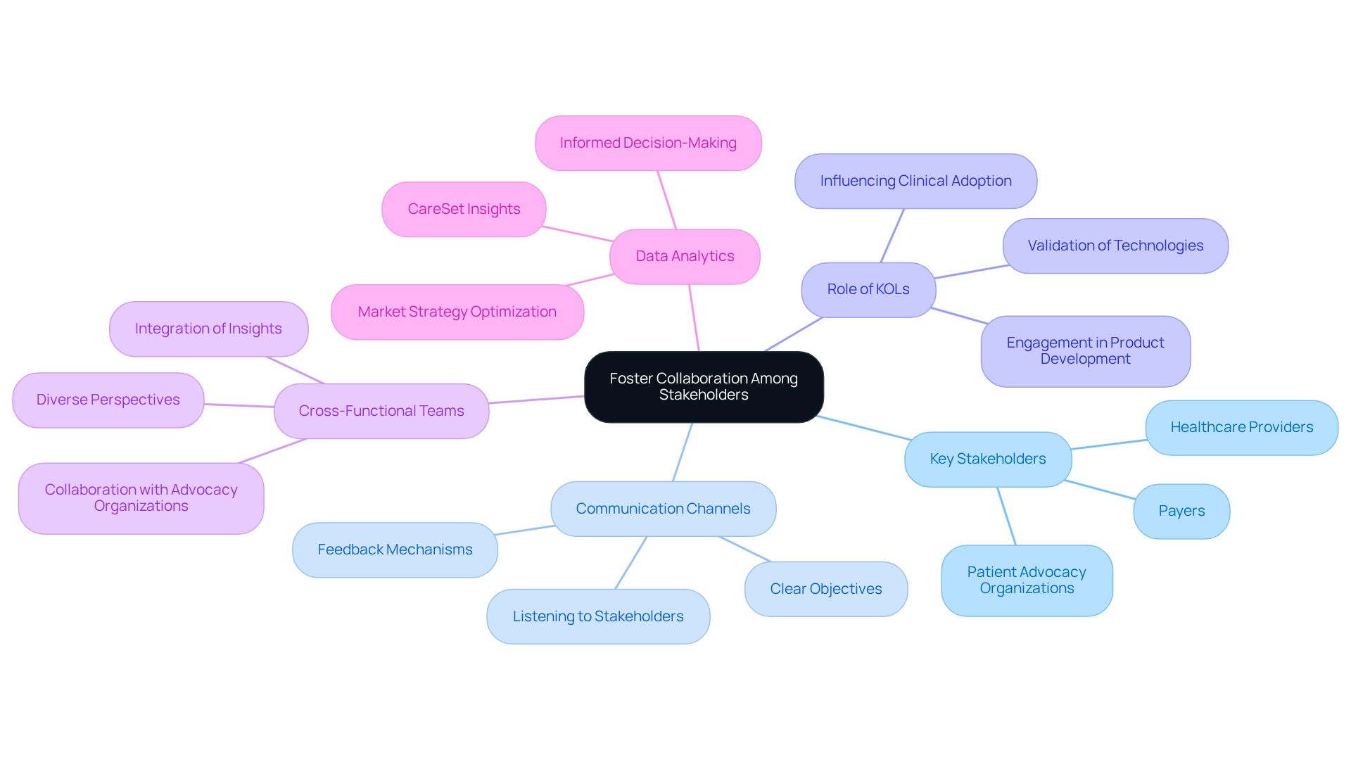 The central idea is about fostering collaboration. Each branch represents a different aspect of this collaboration, showing how stakeholders like healthcare providers and advocacy organizations connect and contribute to successful market strategies.