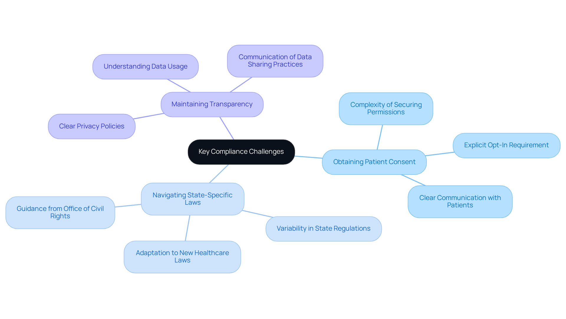 The center shows the main theme of compliance challenges, while the branches represent specific issues. Each sub-branch provides more detail on what makes that challenge significant and how to address it.