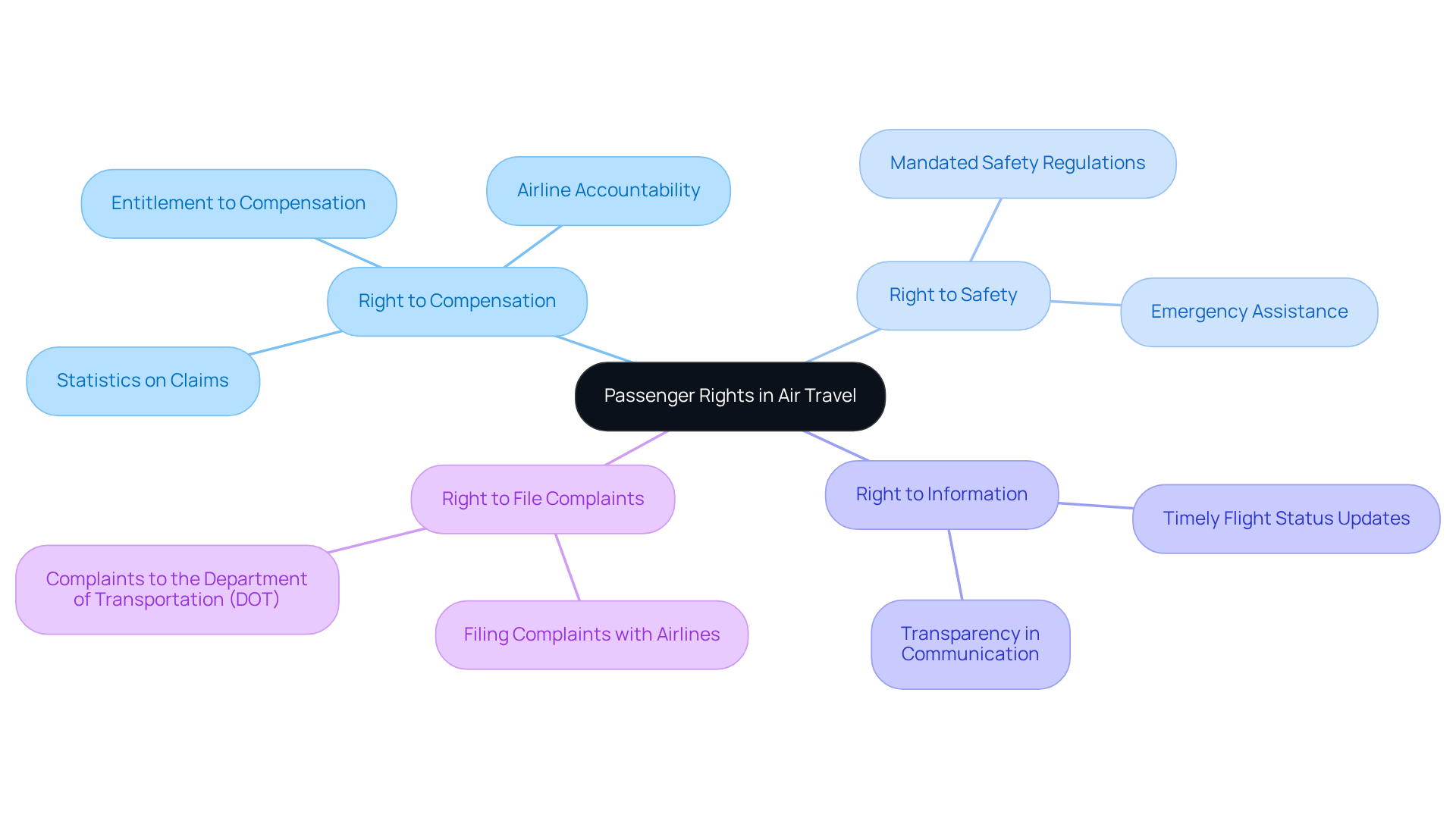 The central node represents the overall theme of passenger rights, while each branch highlights a specific right. The sub-branches provide additional details, helping you understand what each right entails and how it can empower you during your travels.