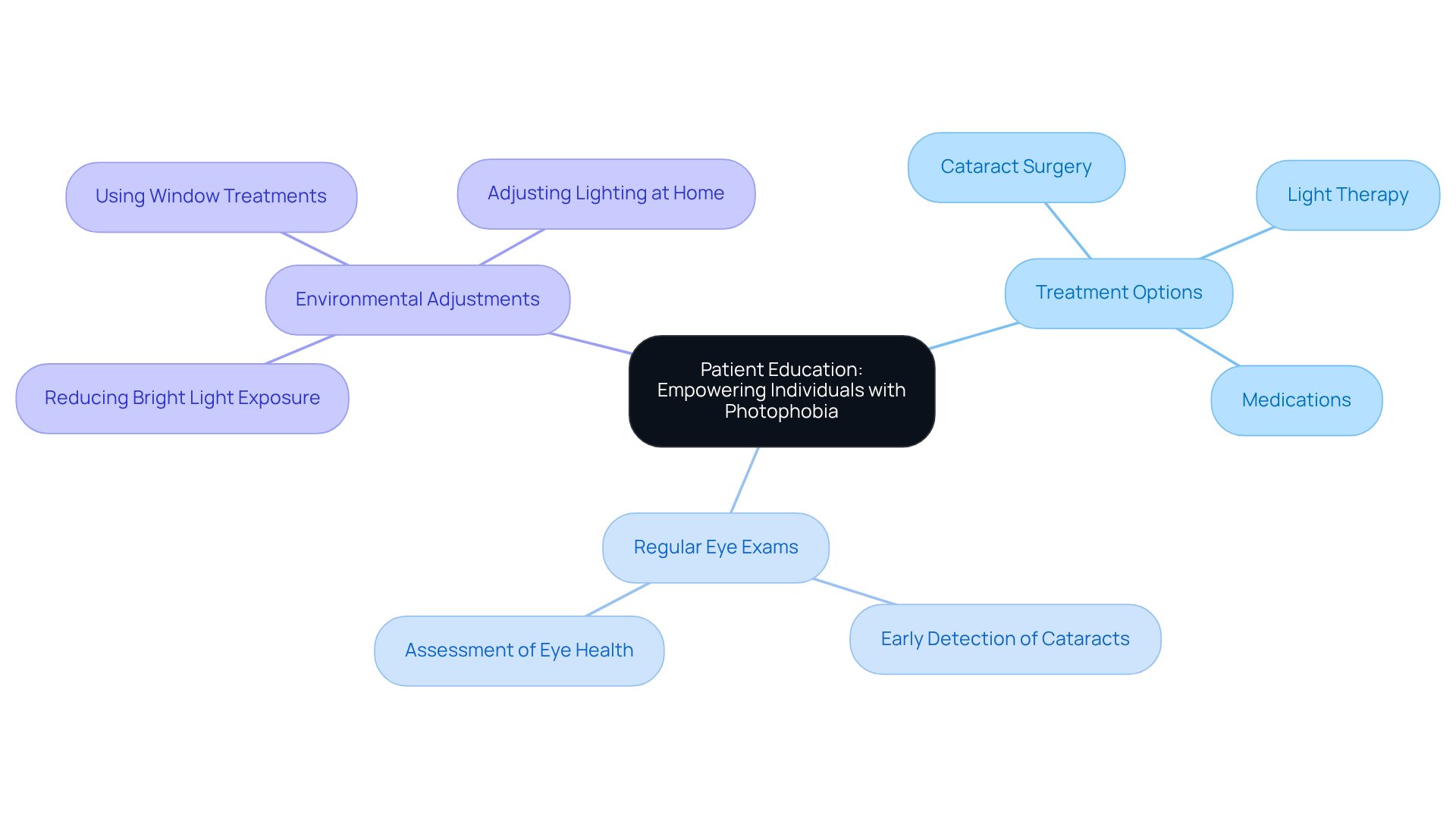 The central node represents the main topic, while the branches show related areas of focus. Each sub-branch provides specific actions or information that can help seniors manage photophobia effectively. The central node represents the main topic, while the branches show related areas of focus. Each sub-branch provides specific actions or information that can help seniors manage photophobia effectively.
