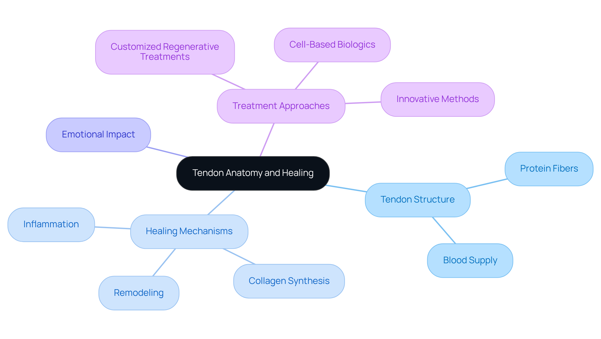 The central node represents the main topic, while the branches show different aspects of tendon anatomy and healing. Each color-coded branch helps you see how these elements connect and contribute to understanding tendon injuries and recovery.