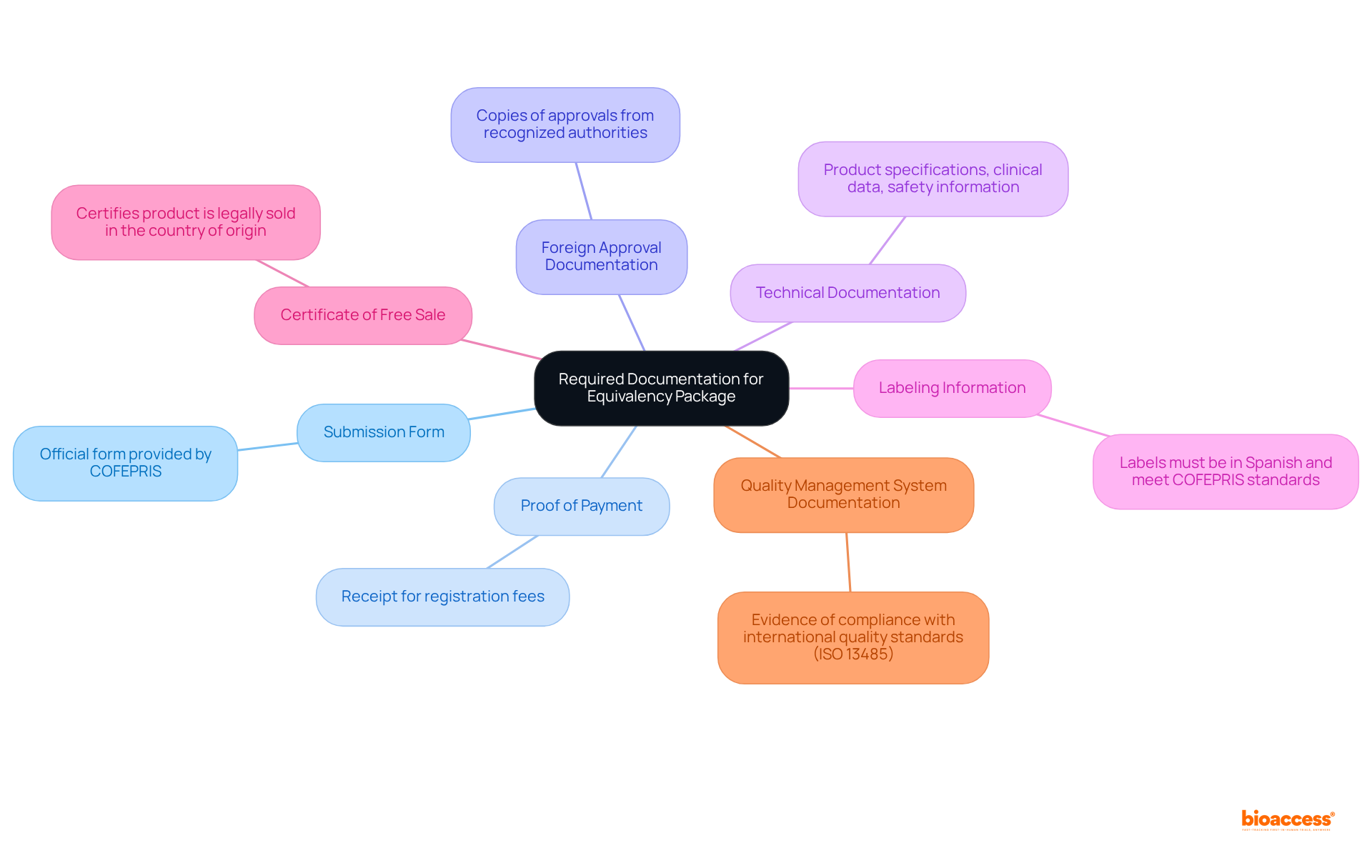 At the center is the main requirement for the Equivalency Package. Each branch shows a specific document needed for submission, with additional notes explaining each one's purpose.