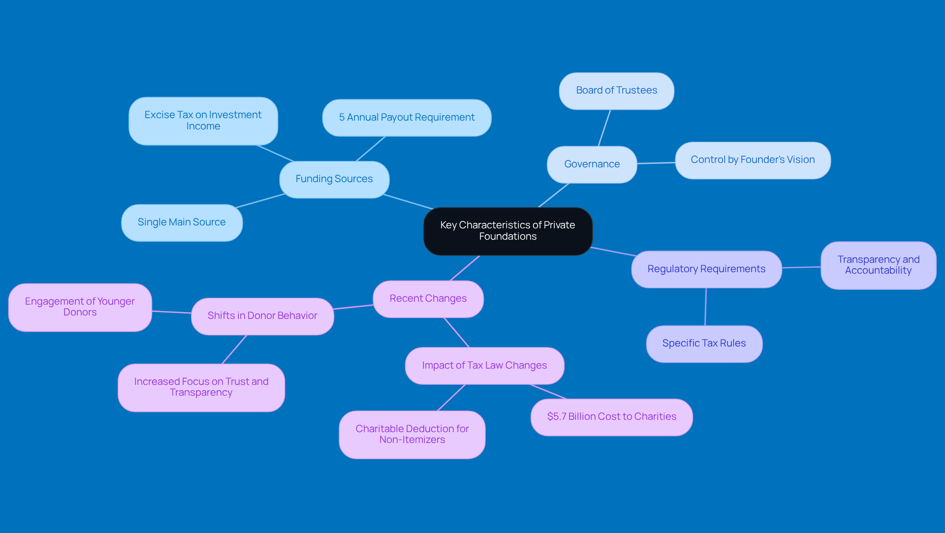 The center represents private foundations, and the branches show their main characteristics. Each sub-branch provides more details about each characteristic, helping you understand how they all connect. The center represents private foundations, and the branches show their main characteristics. Each sub-branch provides more details about each characteristic, helping you understand how they all connect.