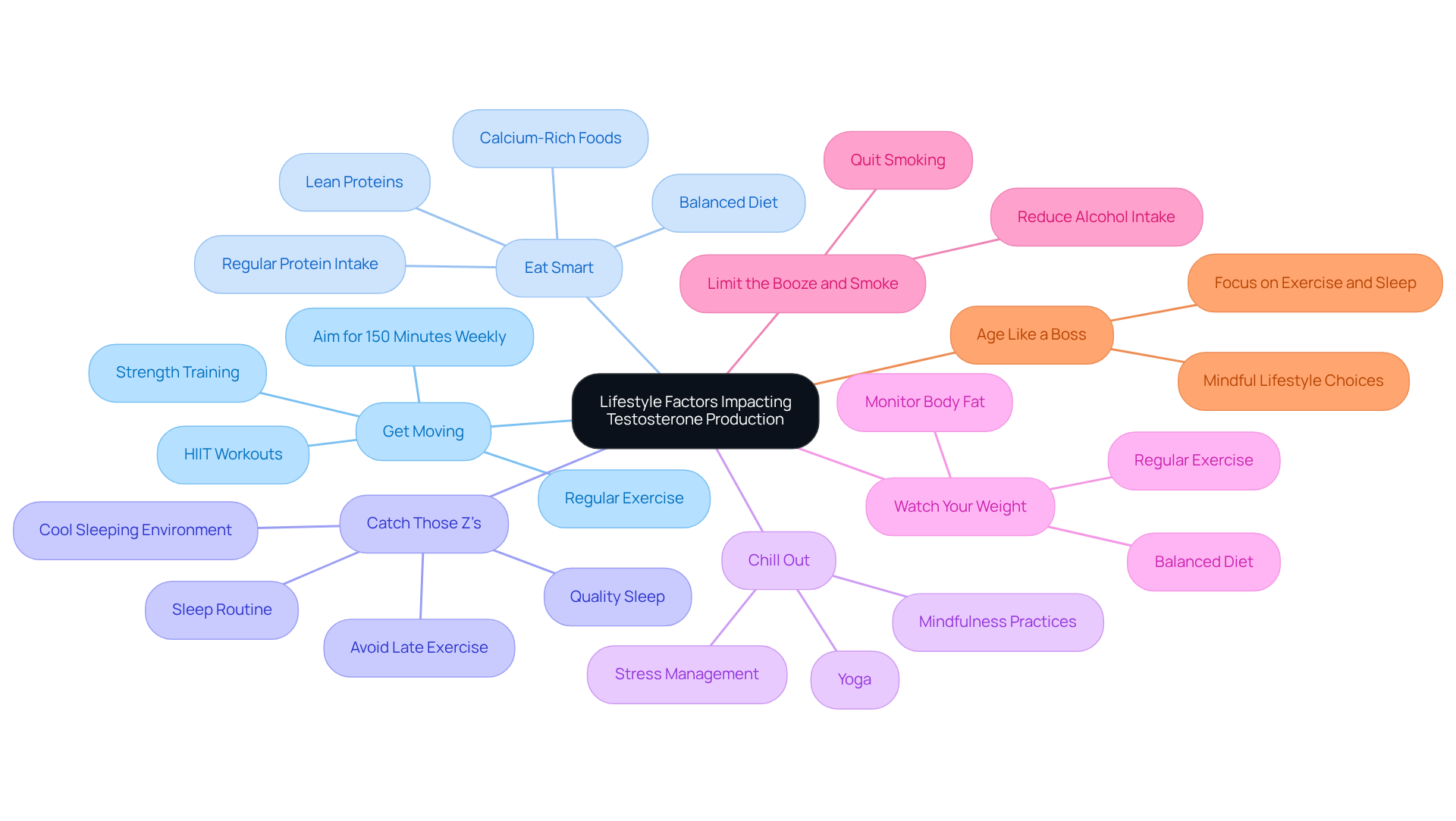 The central node represents the main topic, while each branch shows a lifestyle factor that can influence testosterone. Follow the branches to see specific actions you can take to improve your hormone balance. The central node represents the main topic, while each branch shows a lifestyle factor that can influence testosterone. Follow the branches to see specific actions you can take to improve your hormone balance.