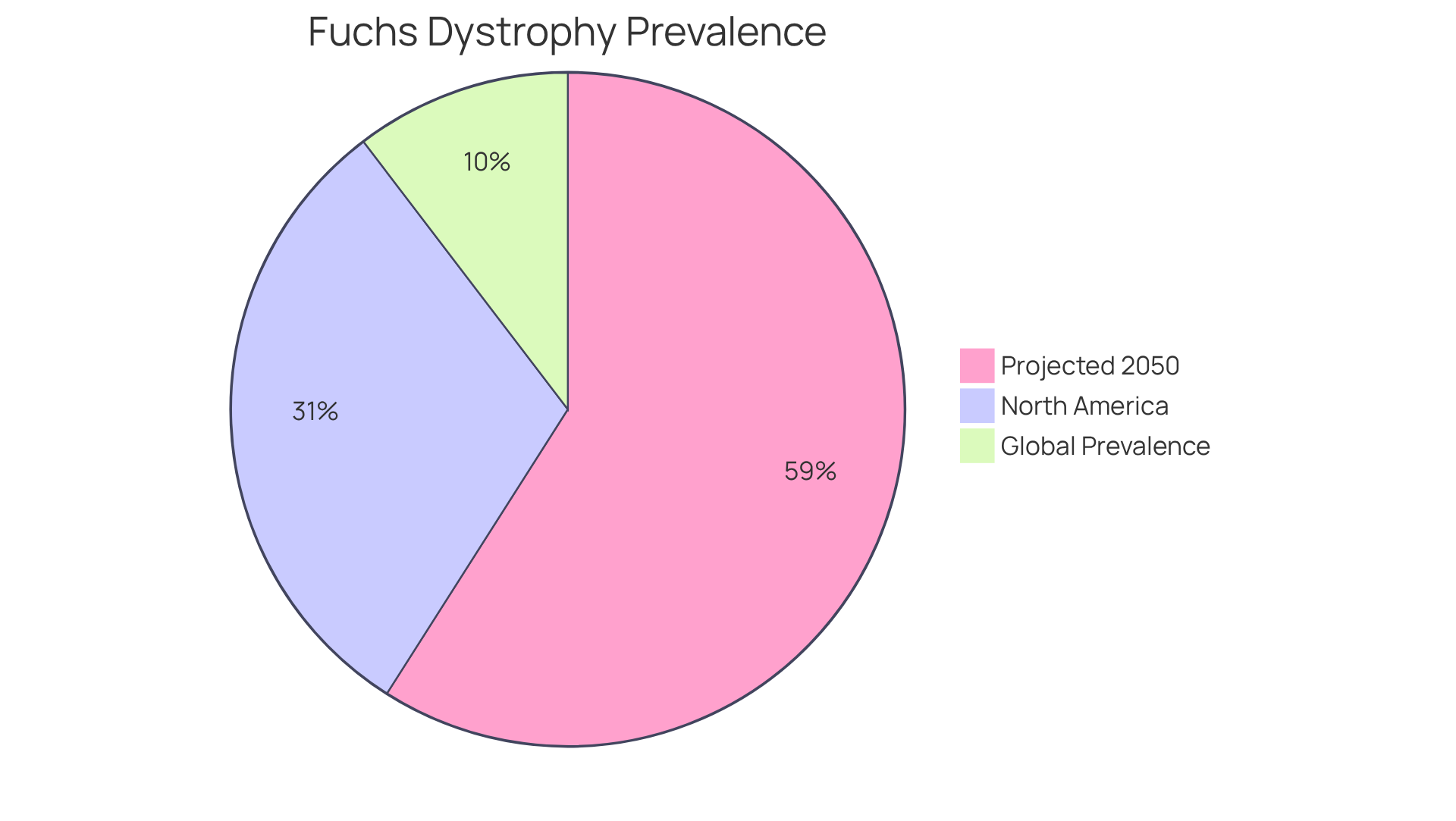 Each slice of the pie represents a different demographic group affected by Fuchs endothelial dystrophy. The larger the slice, the more individuals are impacted. For example, the global prevalence shows how many people are affected worldwide, while the North American slice highlights the higher risk in that region.