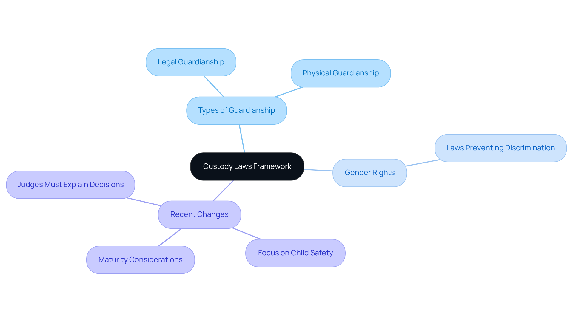 The central node represents the overall topic of custody laws. Each branch shows a different aspect of the laws, helping you see how they connect and what specific issues are being addressed.