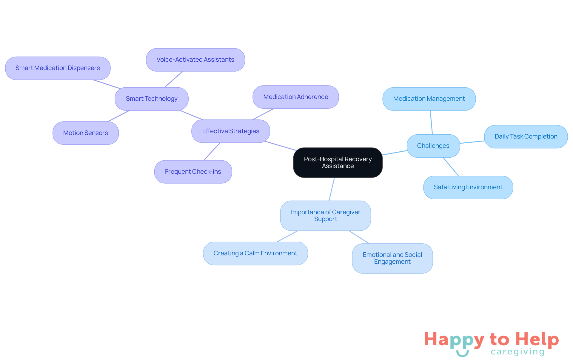 The central node represents the main topic, while branches show the challenges and strategies involved in supporting seniors after hospitalization. Each color-coded branch helps you see how different aspects connect to the overall goal of ensuring a safe transition home.