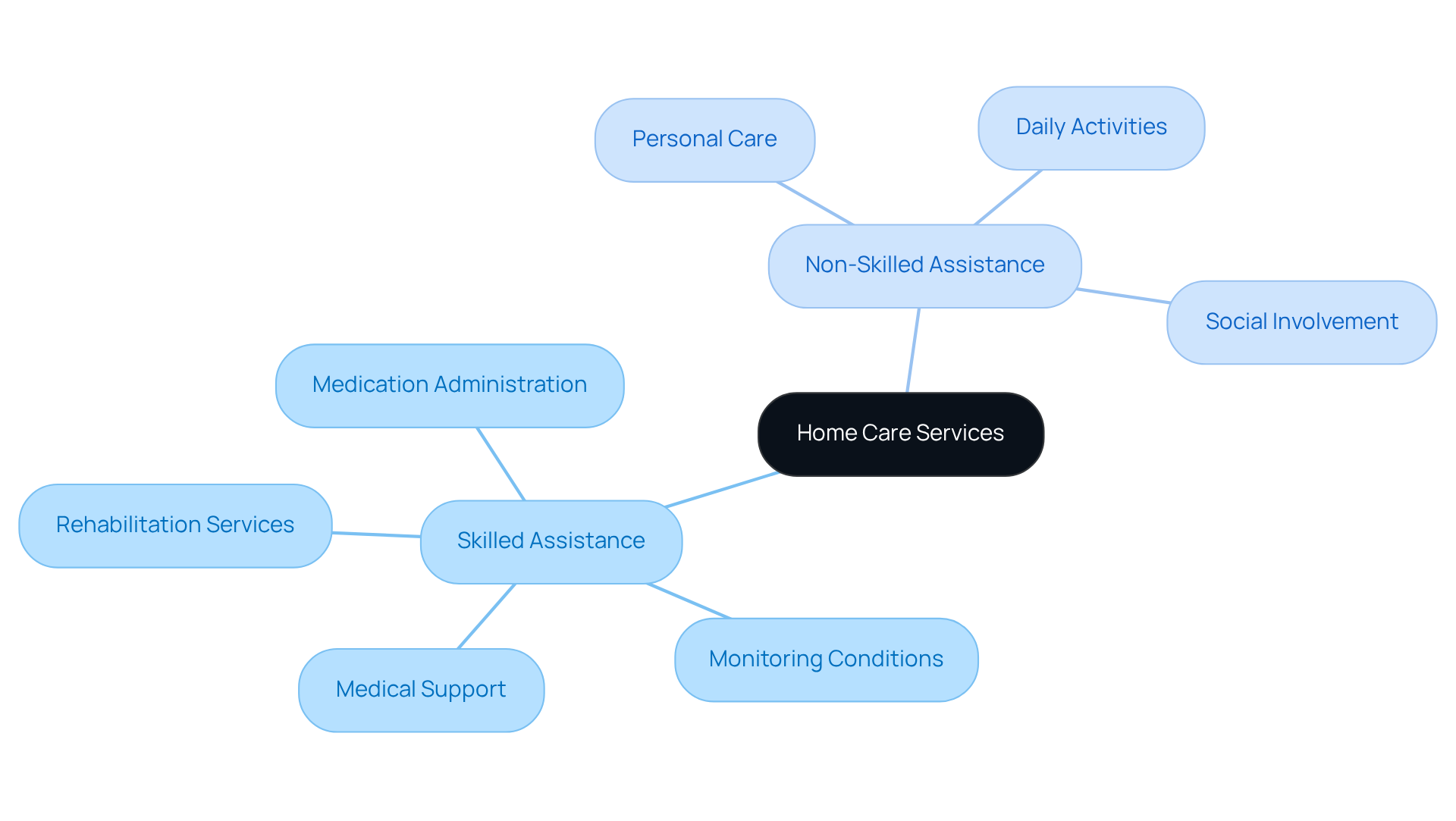 The central node represents home care services, with branches showing the two types of assistance. Each sub-branch provides specific roles and services associated with each type, helping you understand how they work together to support individuals at home.