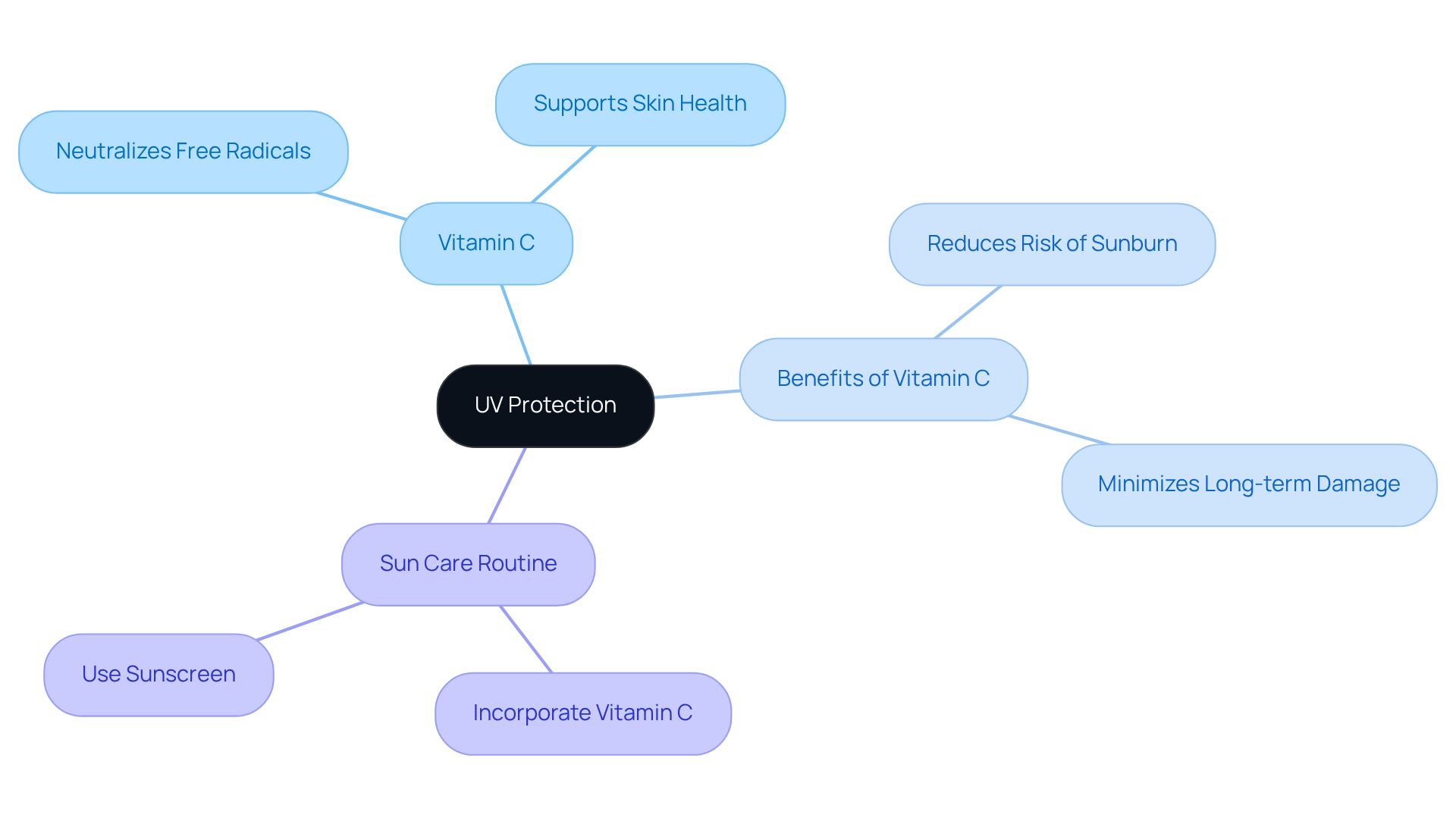 The center represents UV protection, while the branches show how vitamin C contributes to this goal and its importance in your sun care routine. The center represents UV protection, while the branches show how vitamin C contributes to this goal and its importance in your sun care routine.