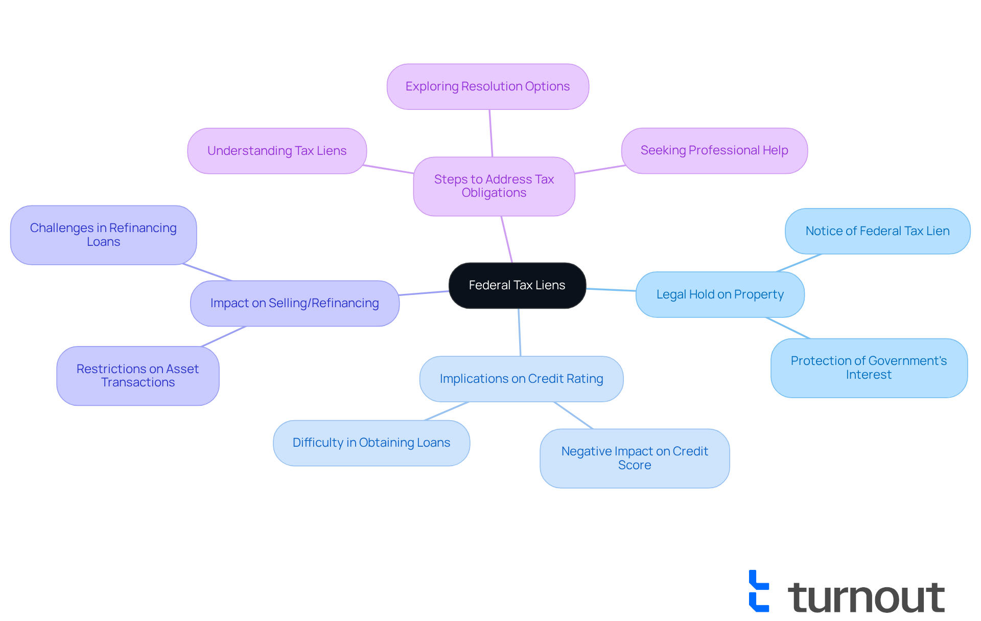 The central node represents federal tax liens. Each branch connects to important topics related to tax liens, showing how they affect your life and what steps you can take to resolve issues.