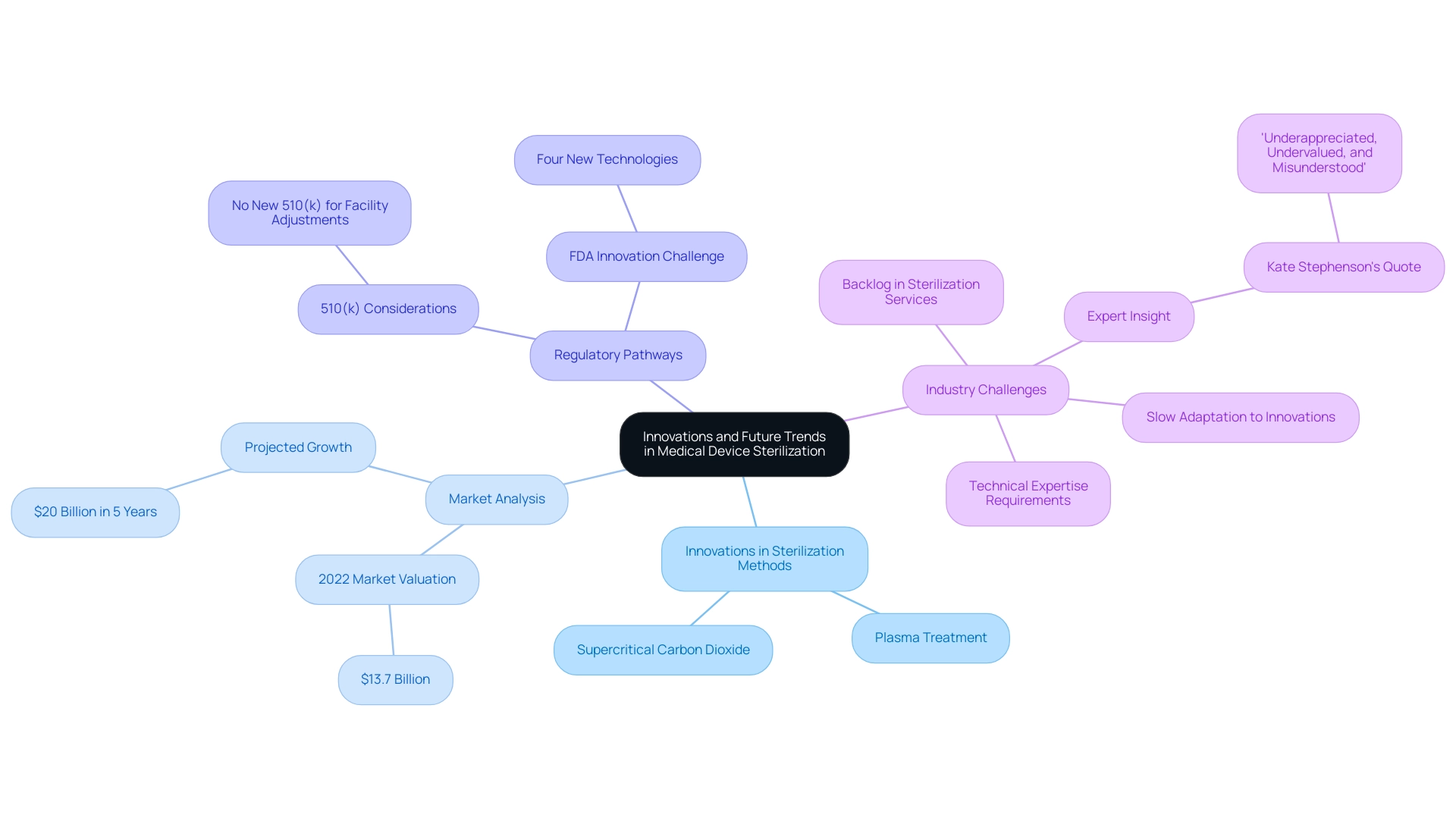 Each branch represents a main theme (Innovations, Market Analysis, Regulatory Pathways, Industry Challenges) with sub-branches detailing specific aspects; colors differentiate between main themes.