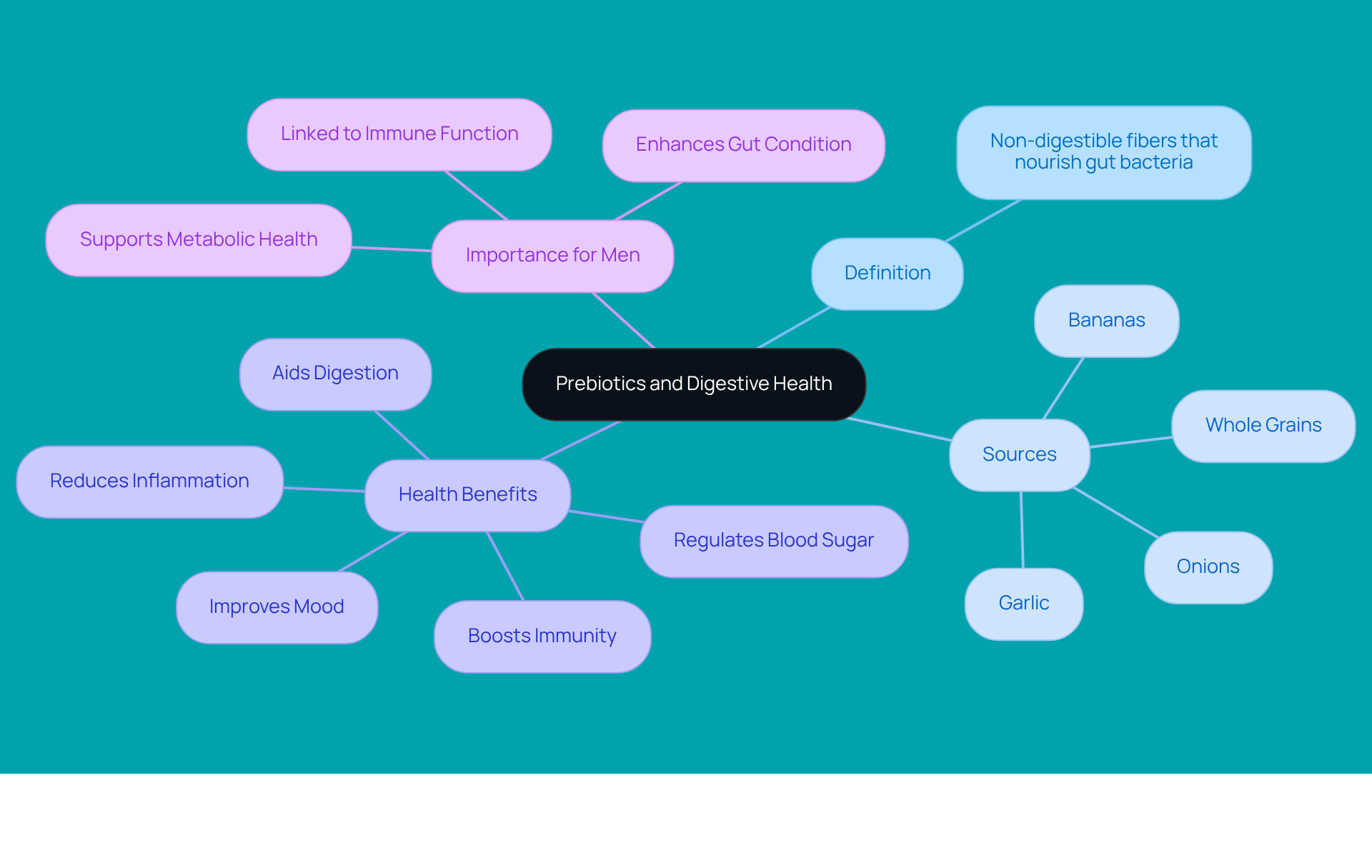 The central node represents prebiotics, while the branches show their definition, sources, health benefits, and specific importance for men. Each branch highlights a different aspect, making it easy to understand how prebiotics contribute to overall gut health. The central node represents prebiotics, while the branches show their definition, sources, health benefits, and specific importance for men. Each branch highlights a different aspect, making it easy to understand how prebiotics contribute to overall gut health.