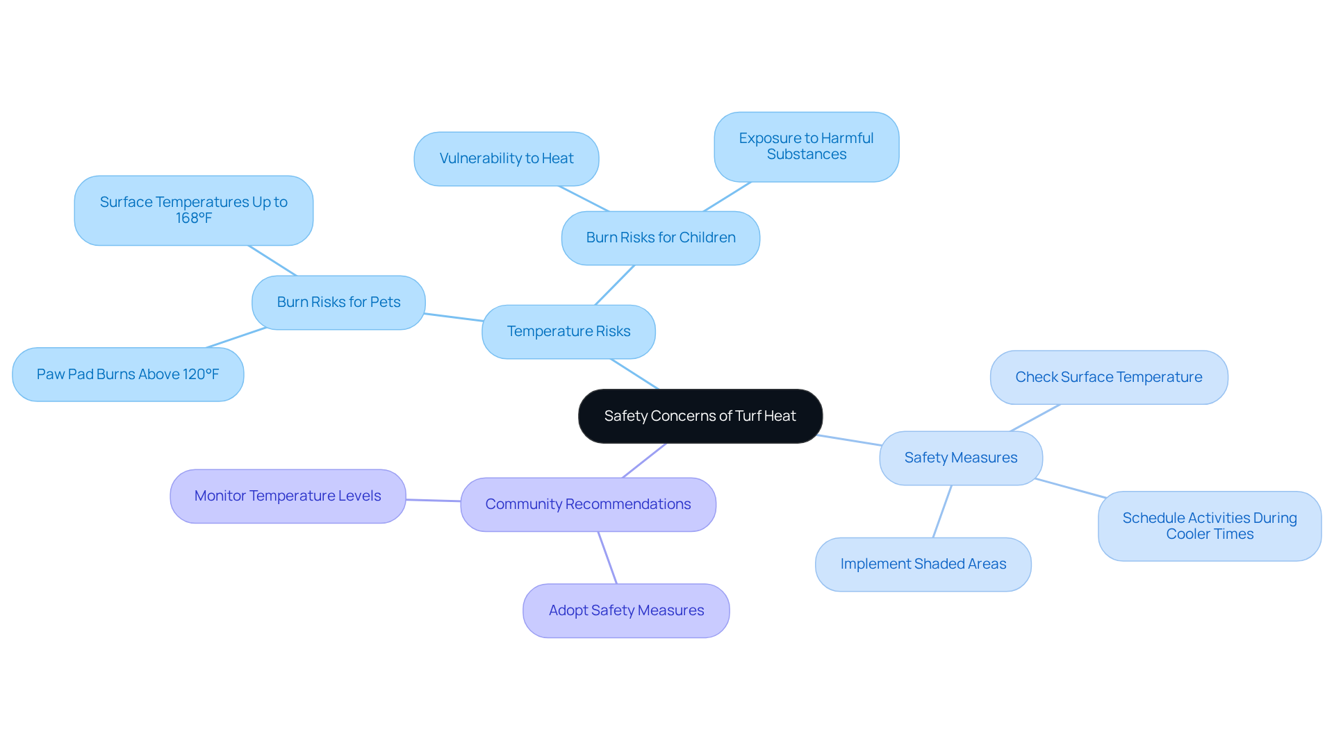 This mindmap starts with the main concern at the center and branches out to show related topics. Each branch represents a different aspect of safety regarding turf heat, helping you see how they connect and what actions can be taken to protect pets and children.