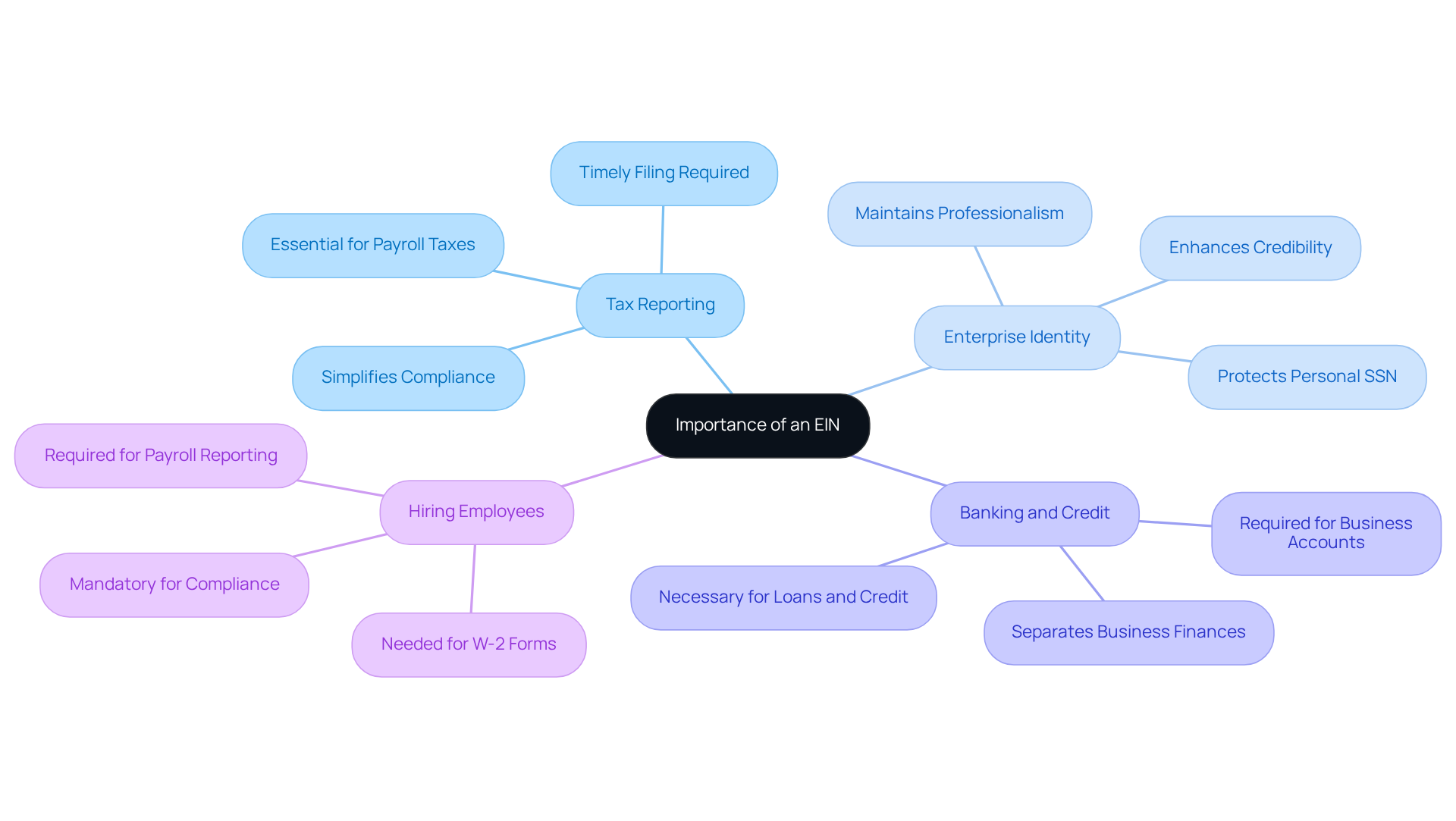 The central node represents the main idea of why an EIN is important. Each branch shows a key reason, and the sub-branches provide additional details. This layout helps you see how each aspect contributes to the overall significance of having an EIN. The central node represents the main idea of why an EIN is important. Each branch shows a key reason, and the sub-branches provide additional details. This layout helps you see how each aspect contributes to the overall significance of having an EIN.