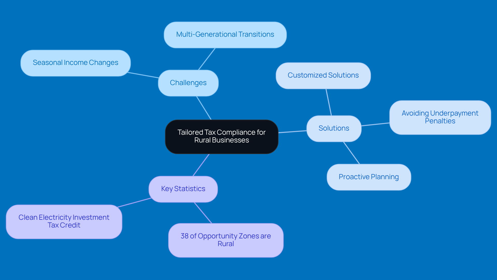 The center represents the main focus on tax compliance, with branches showing the challenges faced by rural businesses, the solutions provided by Steinke and Company, and important statistics that highlight the relevance of these services.