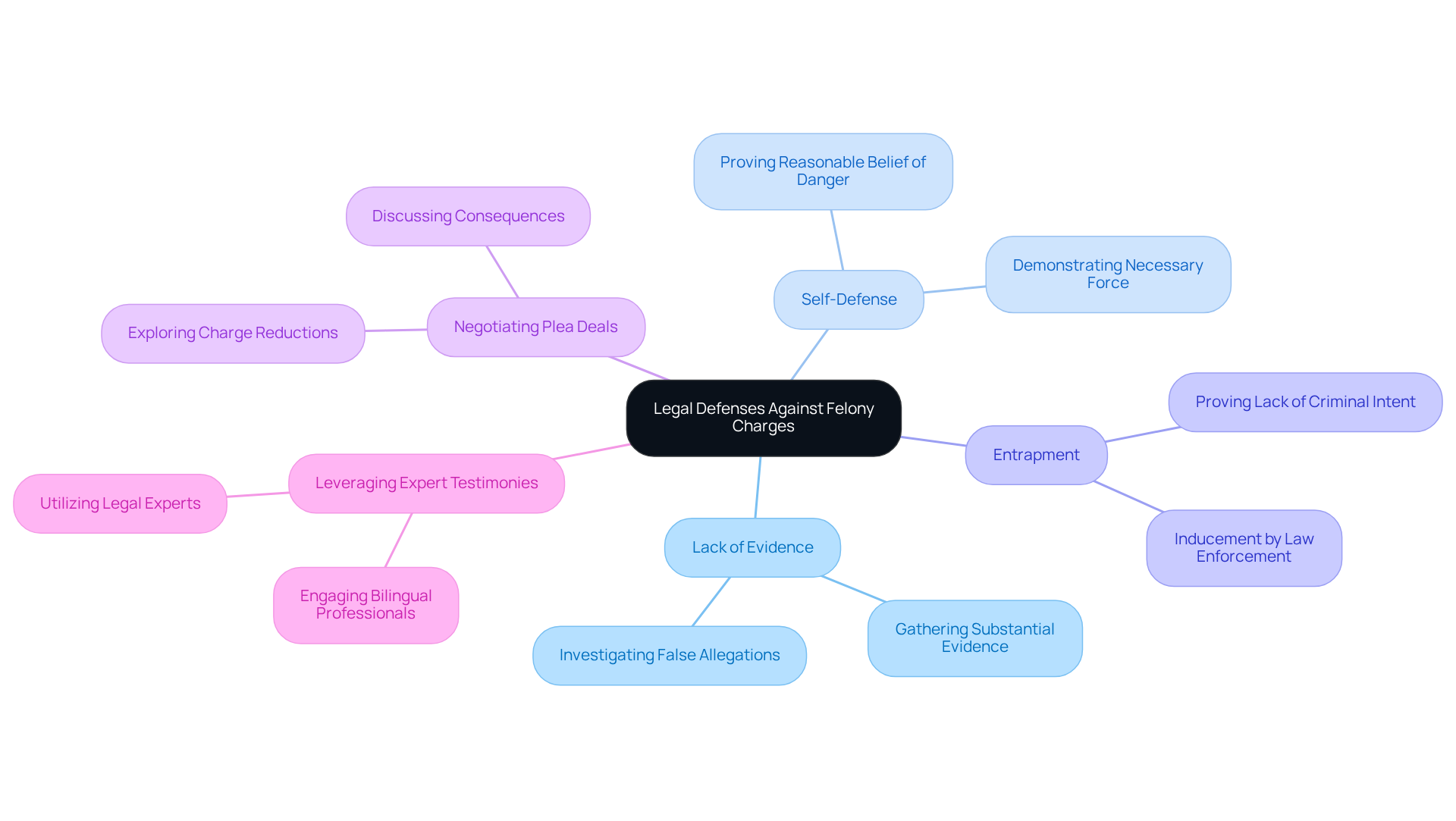 The central node represents the main topic of legal defenses. Each branch shows a different defense strategy, and the sub-branches detail specific actions or considerations related to that strategy. This layout helps you understand how various defenses connect and what steps can be taken. The central node represents the main topic of legal defenses. Each branch shows a different defense strategy, and the sub-branches detail specific actions or considerations related to that strategy. This layout helps you understand how various defenses connect and what steps can be taken.