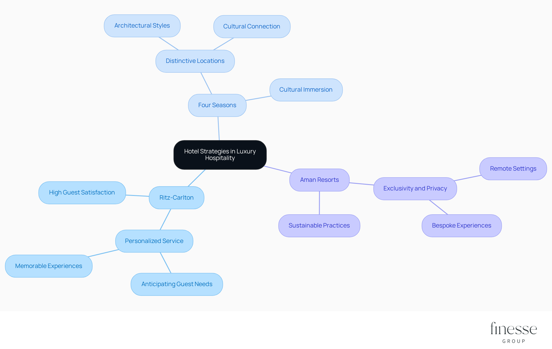 At the center, you'll find the main topic of hotel strategies. Each branch represents a different luxury brand, and the sub-branches explain their specific approaches to attracting guests and differentiating themselves in the market.