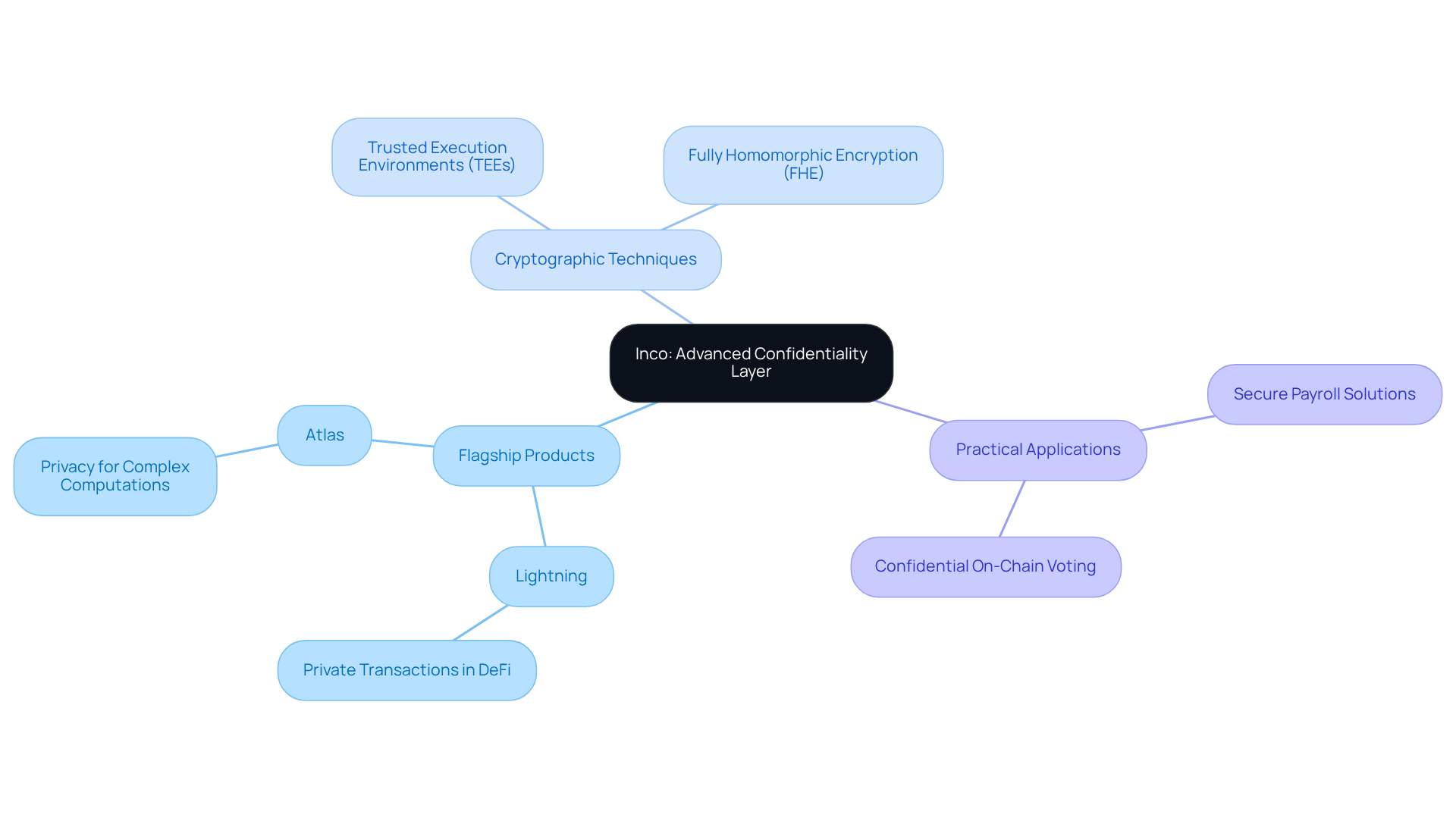 The central node represents the main theme of confidentiality in dApps, with branches showing key products, technologies, and real-world applications. Each branch highlights how these elements contribute to enhancing security and privacy.