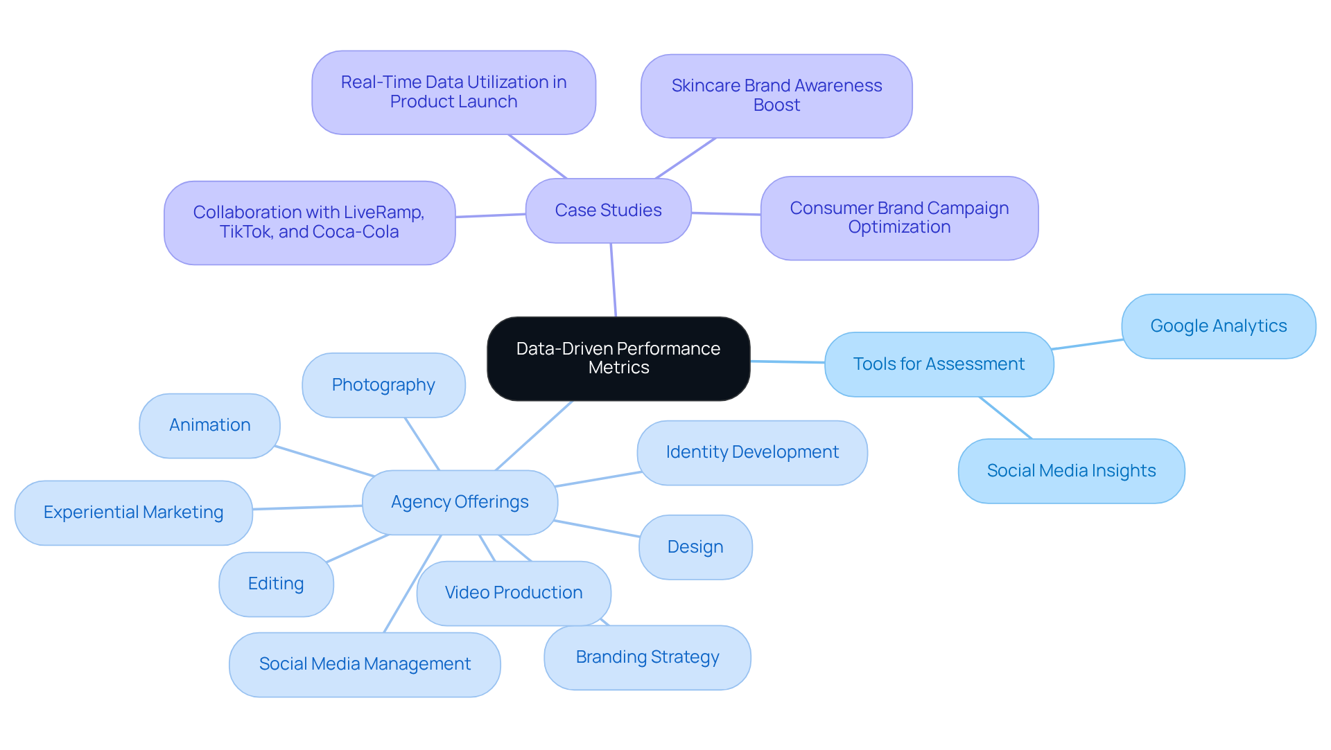 The central node represents the main topic of data-driven performance metrics. Each branch shows different aspects of this topic, such as tools for assessment, the agency's services, and real-world examples. Follow the branches to explore how these elements connect and support the overall strategy.