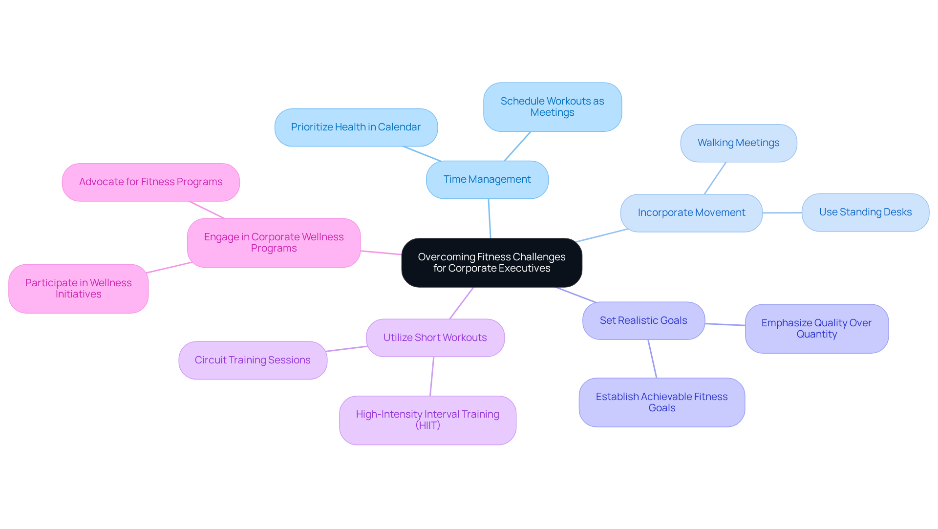 The central node represents the main theme, while each branch shows a strategy. Follow the branches to discover specific actions that can help executives maintain their health despite busy schedules.