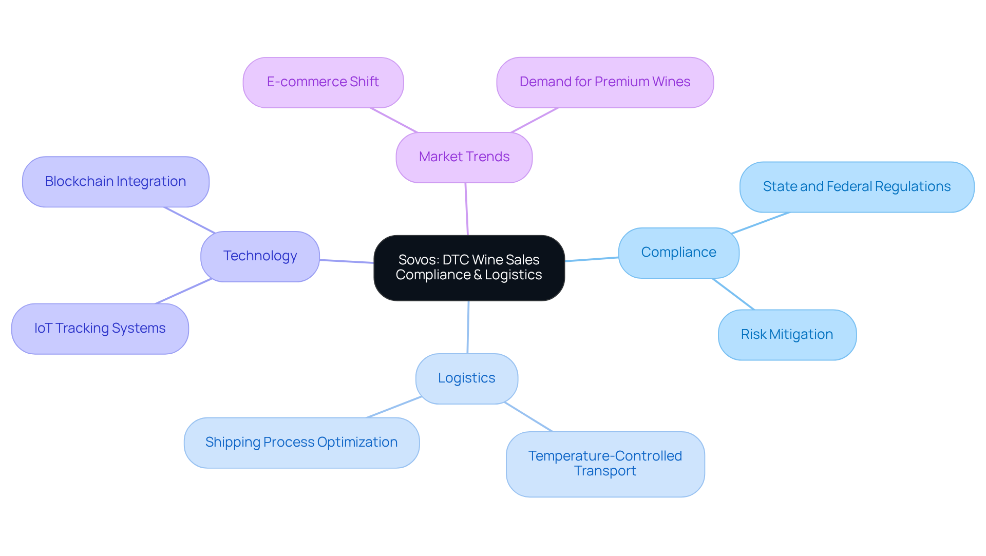 The central node represents Sovos' impact on DTC wine sales, with branches showing the key areas of focus. Each color-coded branch dives deeper into specific topics, illustrating how they connect to the main theme.