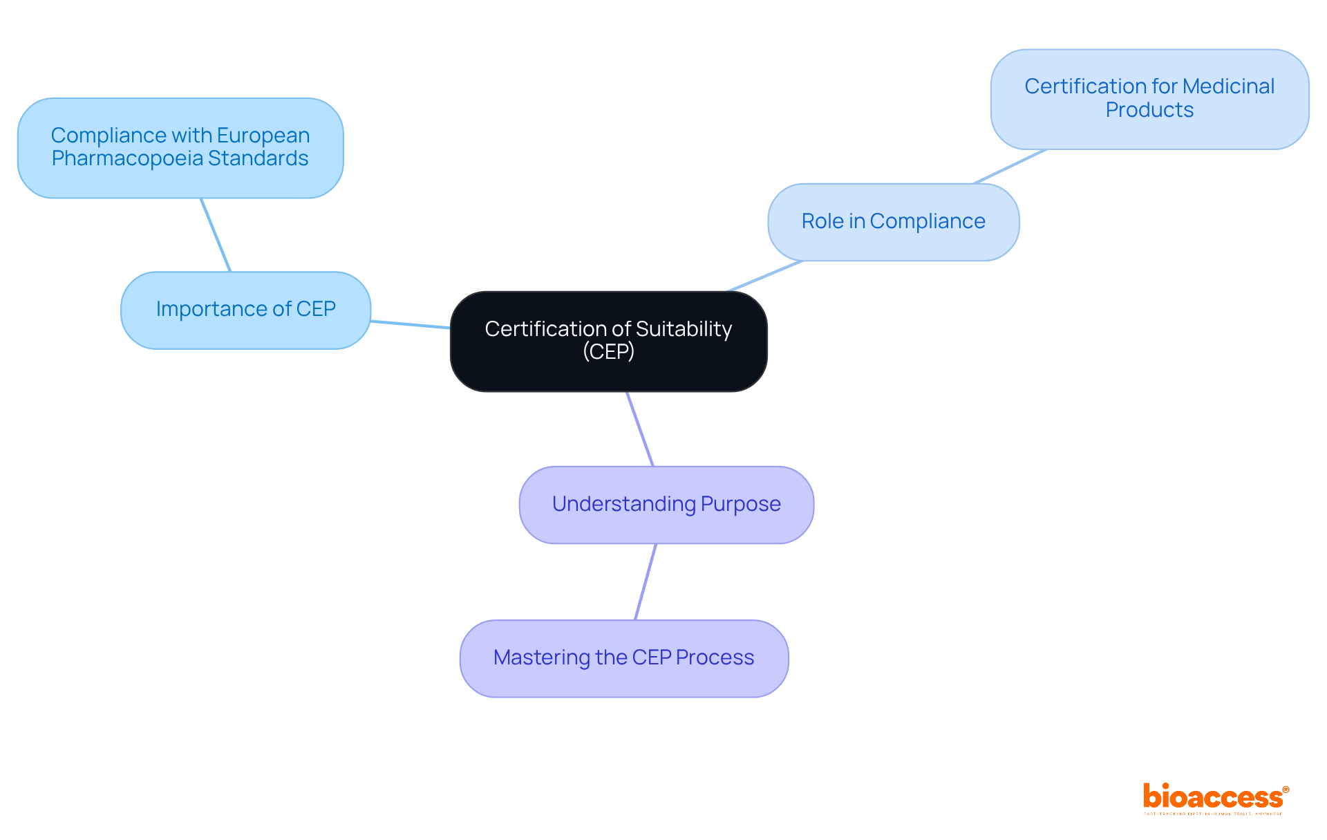 At the center, you have the CEP. Each branch expands on its importance, role, and understanding purpose. Follow the branches to see how they relate to the overall certification process.