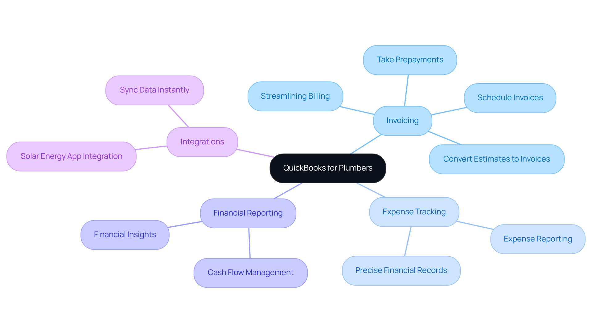 The center shows the software's title, with branches representing key features and benefits tailored for plumbing businesses. Each color-coded branch helps to differentiate areas of focus, making it easy to navigate through the offerings.