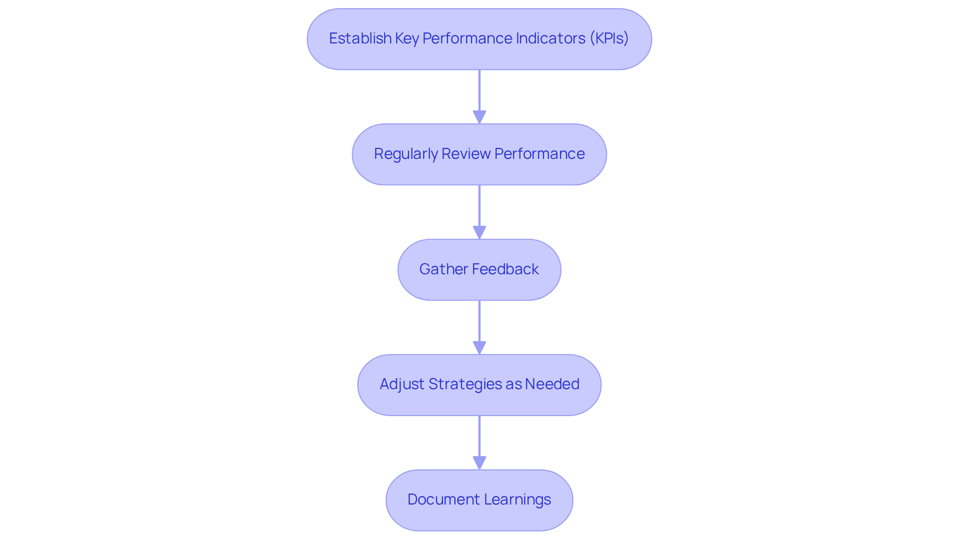 This flowchart outlines the steps to effectively monitor and adapt your organizational strategy. Start at the top with establishing KPIs, then follow the arrows down through each step to see how they connect and build upon one another.
