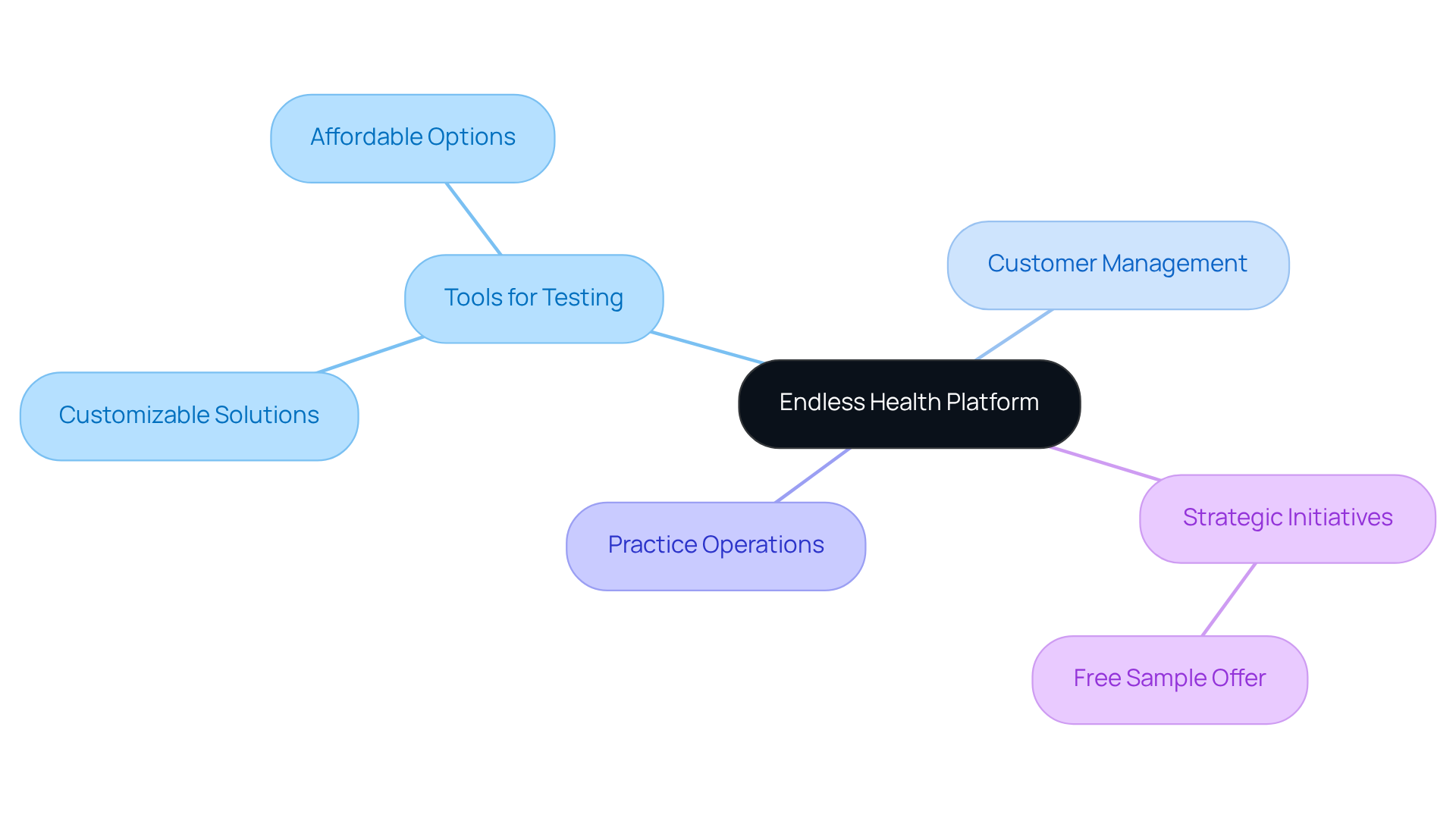 The central node represents the Endless Health platform, with branches showing its key features and initiatives. Each branch highlights how these elements contribute to effective health coaching.