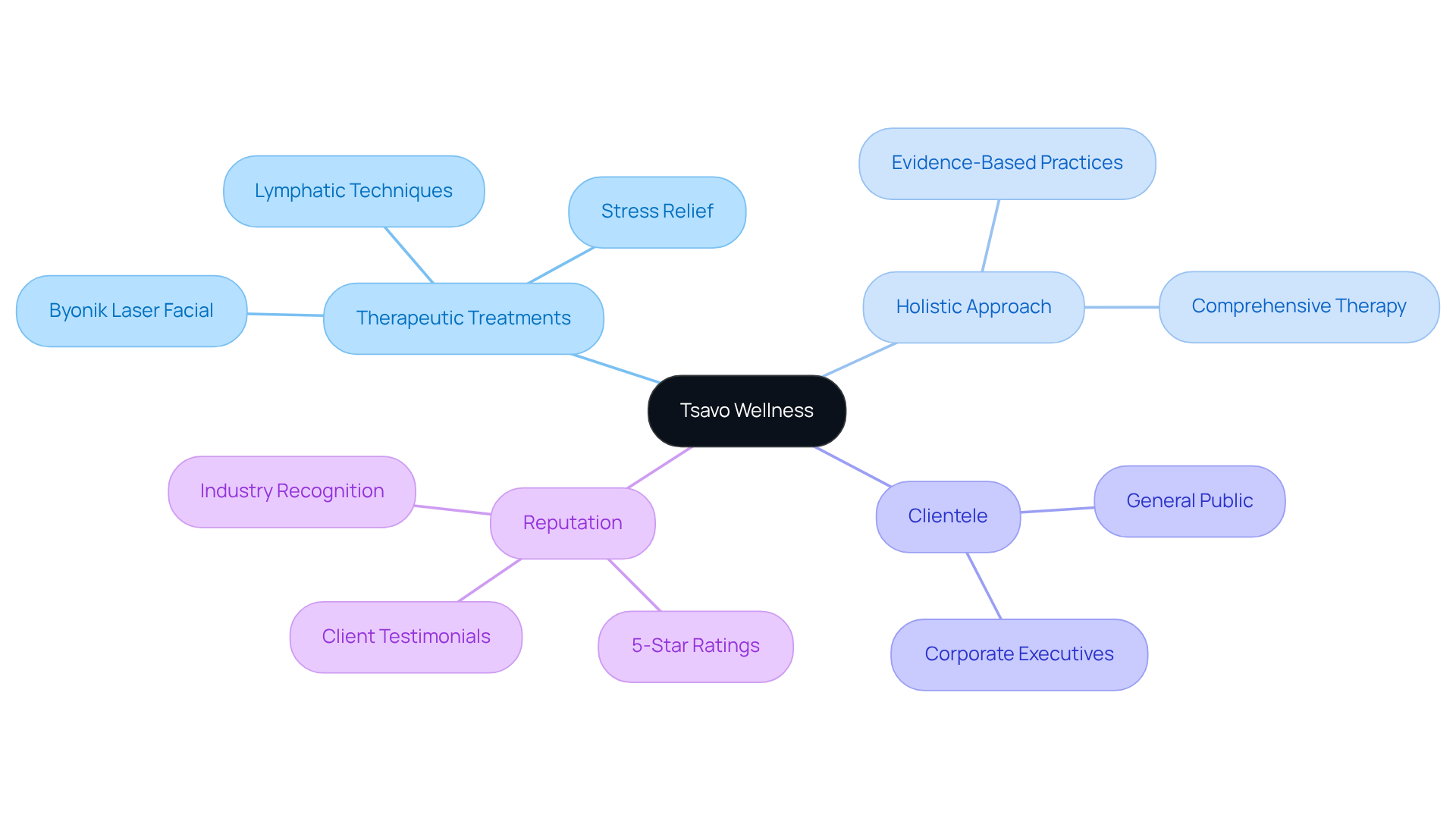 At the center, you have Tsavo Wellness. From there, explore different branches that show what they offer, who benefits from their services, and why they are well-regarded. Each branch highlights key aspects that contribute to their reputation.