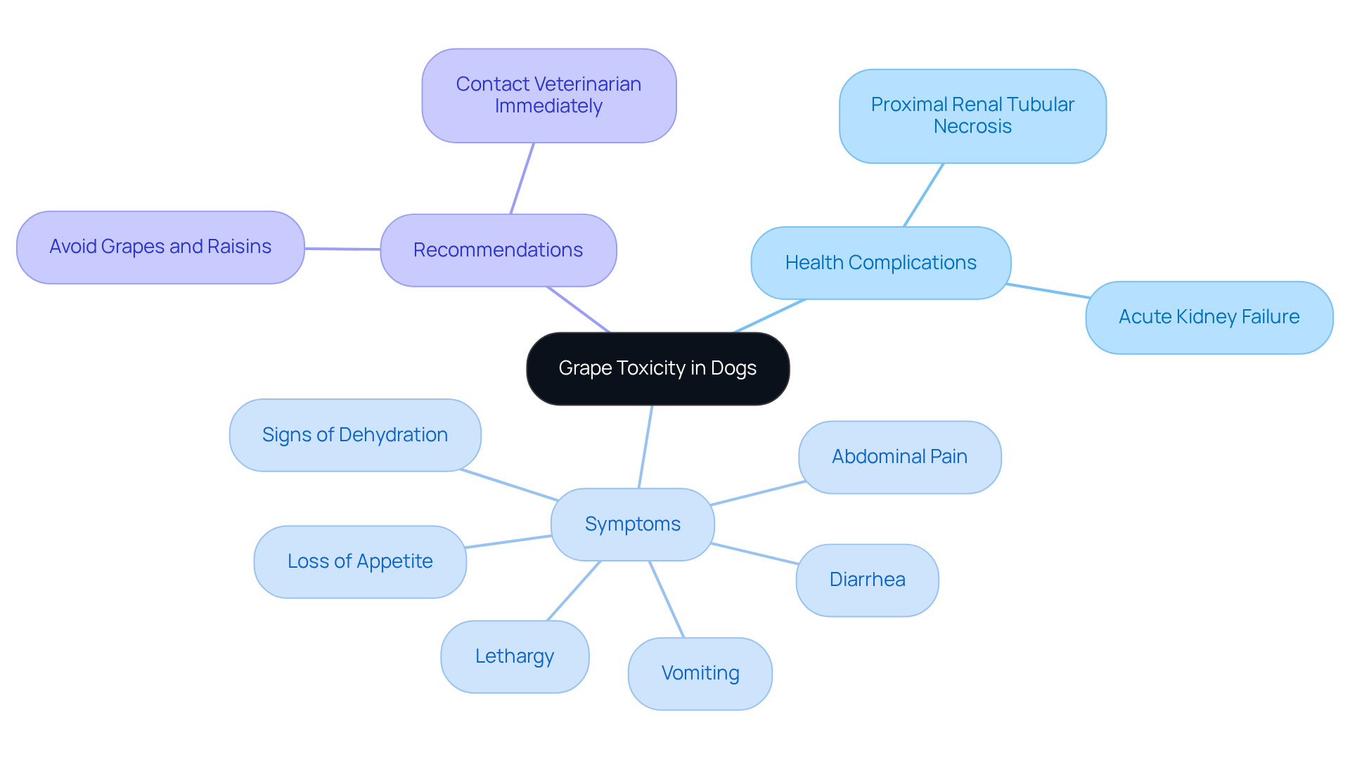 This mindmap illustrates the dangers of grapes for dogs. The center shows the main issue, while the branches detail health risks, symptoms to watch for, and crucial advice for pet owners to keep their dogs safe.
