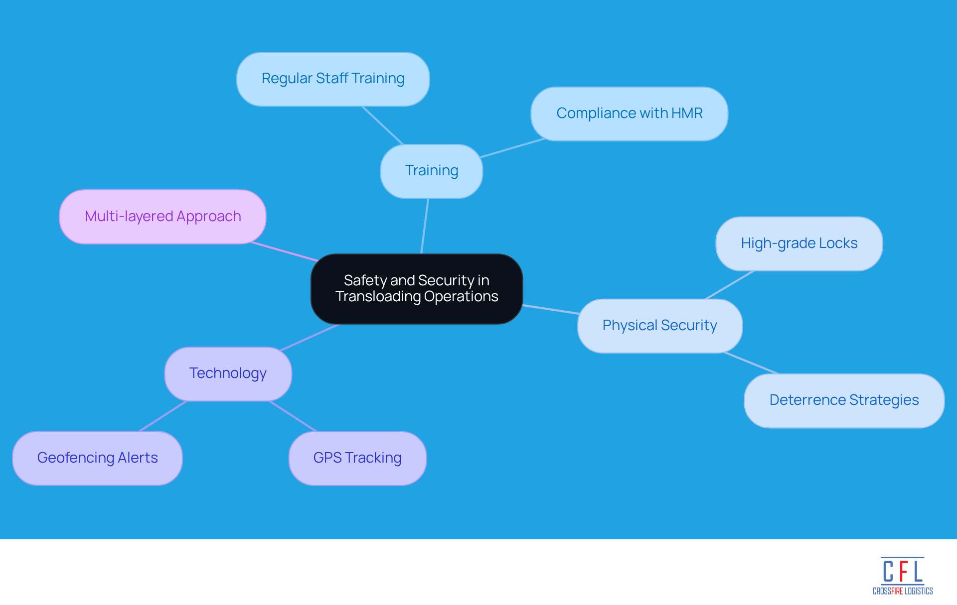 The central node represents the main focus on safety and security, while the branches show different strategies employed to protect cargo. Each color-coded branch highlights a specific area of focus, making it easy to understand how they contribute to overall safety.