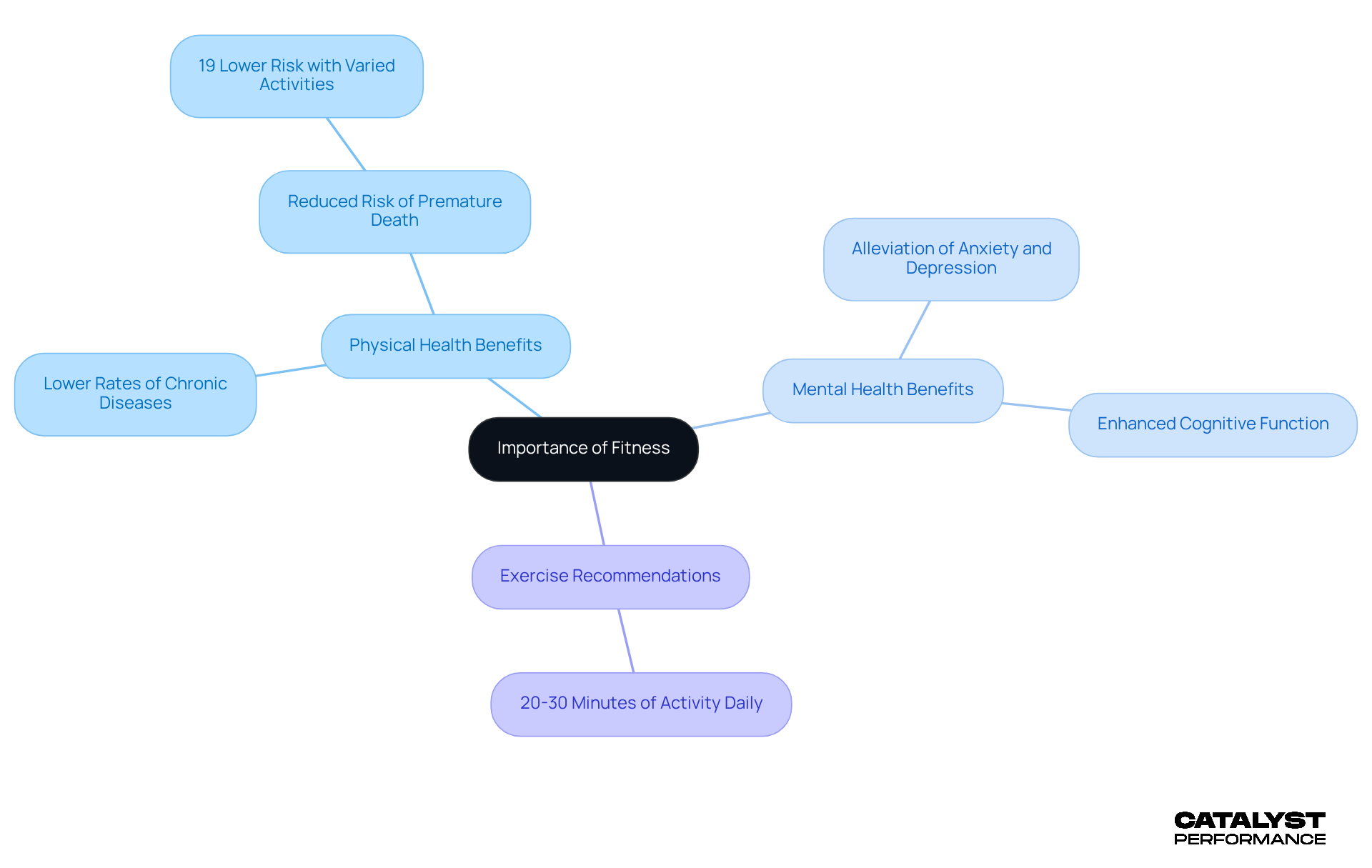The central node represents the overall importance of fitness, while the branches show specific benefits and recommendations. Each color-coded branch helps you easily identify different aspects of how fitness contributes to a healthier life. The central node represents the overall importance of fitness, while the branches show specific benefits and recommendations. Each color-coded branch helps you easily identify different aspects of how fitness contributes to a healthier life.