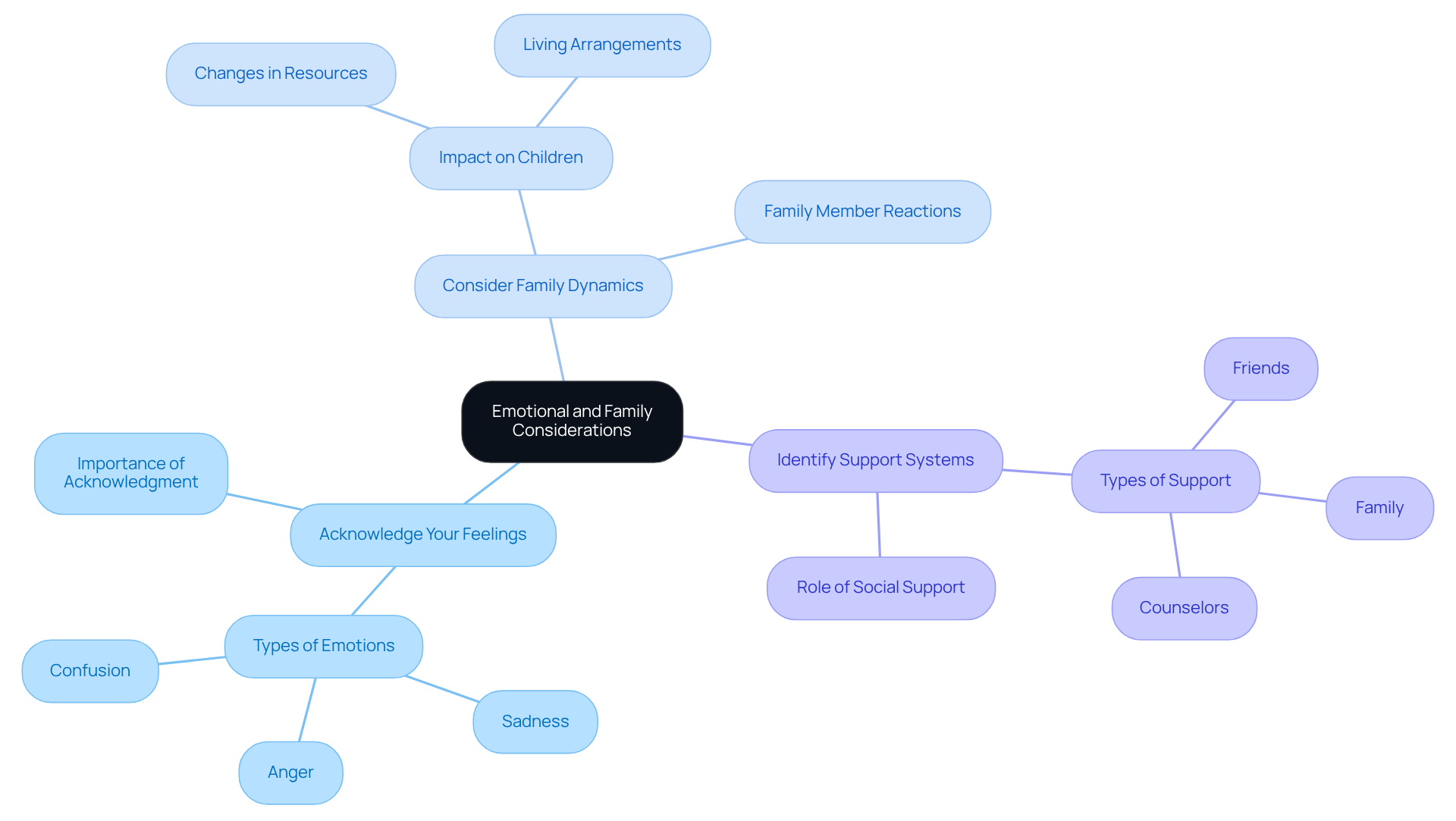 Start at the center with the main theme, then follow the branches to explore each aspect of emotional and family considerations. Each branch represents a key area to reflect on, helping you prepare for your consultation.