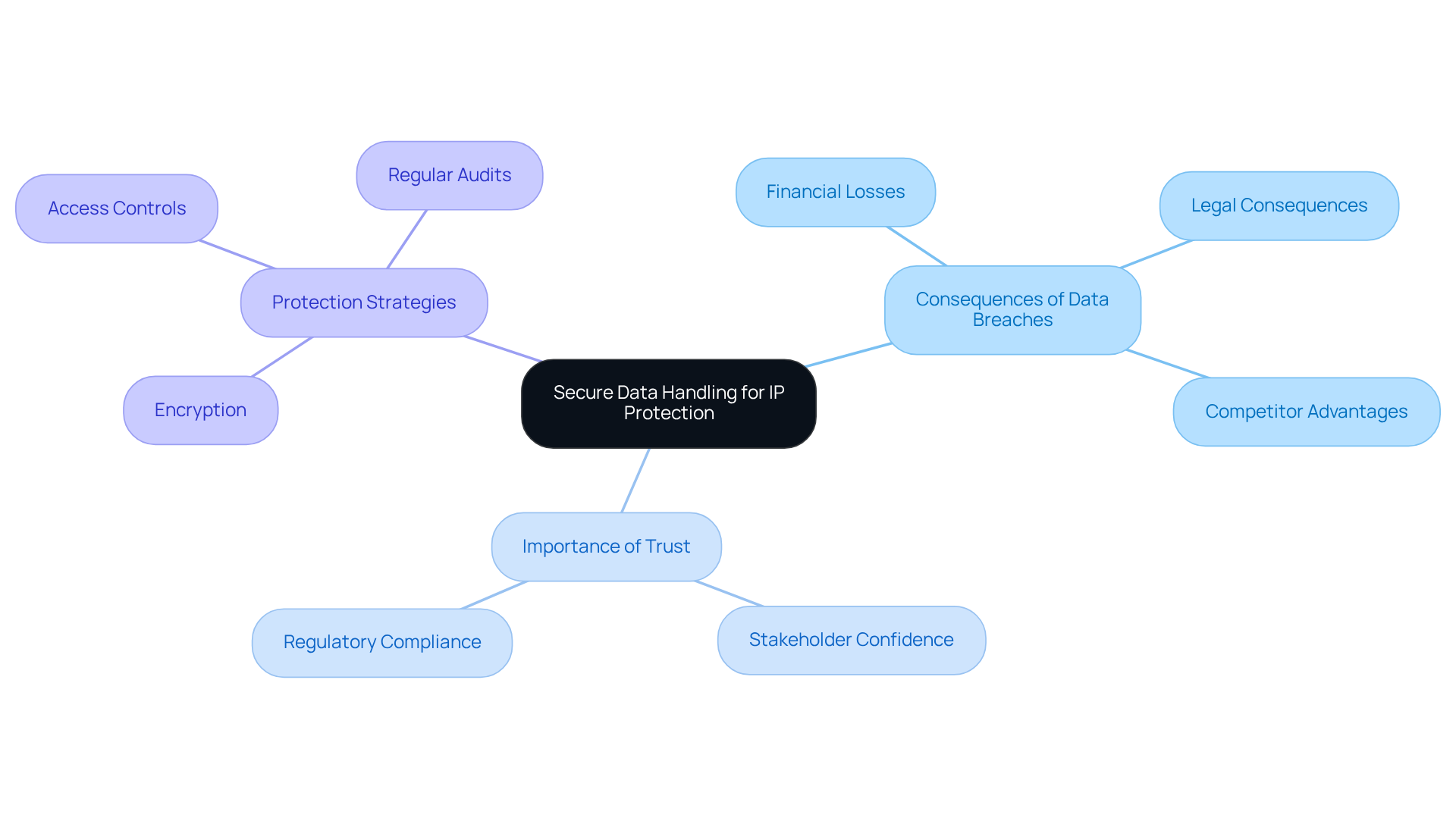 The central node represents the main topic, while the branches show related themes and strategies. Each color-coded branch helps you see how different aspects connect to the importance of secure data handling.