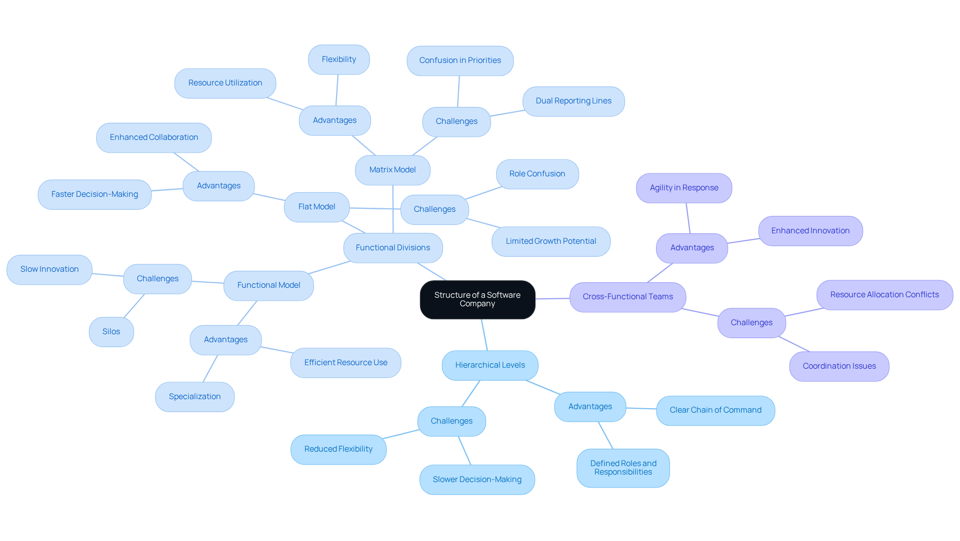 The central node represents the overall structure of a software company. Each branch shows different aspects of this structure, like types of frameworks and their pros and cons. Follow the branches to see how each part connects to the main idea. The central node represents the overall structure of a software company. Each branch shows different aspects of this structure, like types of frameworks and their pros and cons. Follow the branches to see how each part connects to the main idea.